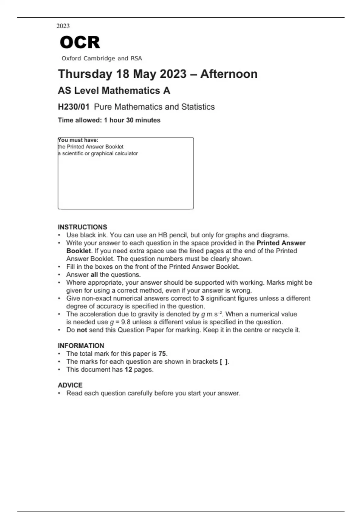 OCR AS Level Mathematics A H230/01 PAPER 1 JUNE 2023 FINAL QUESTION ...