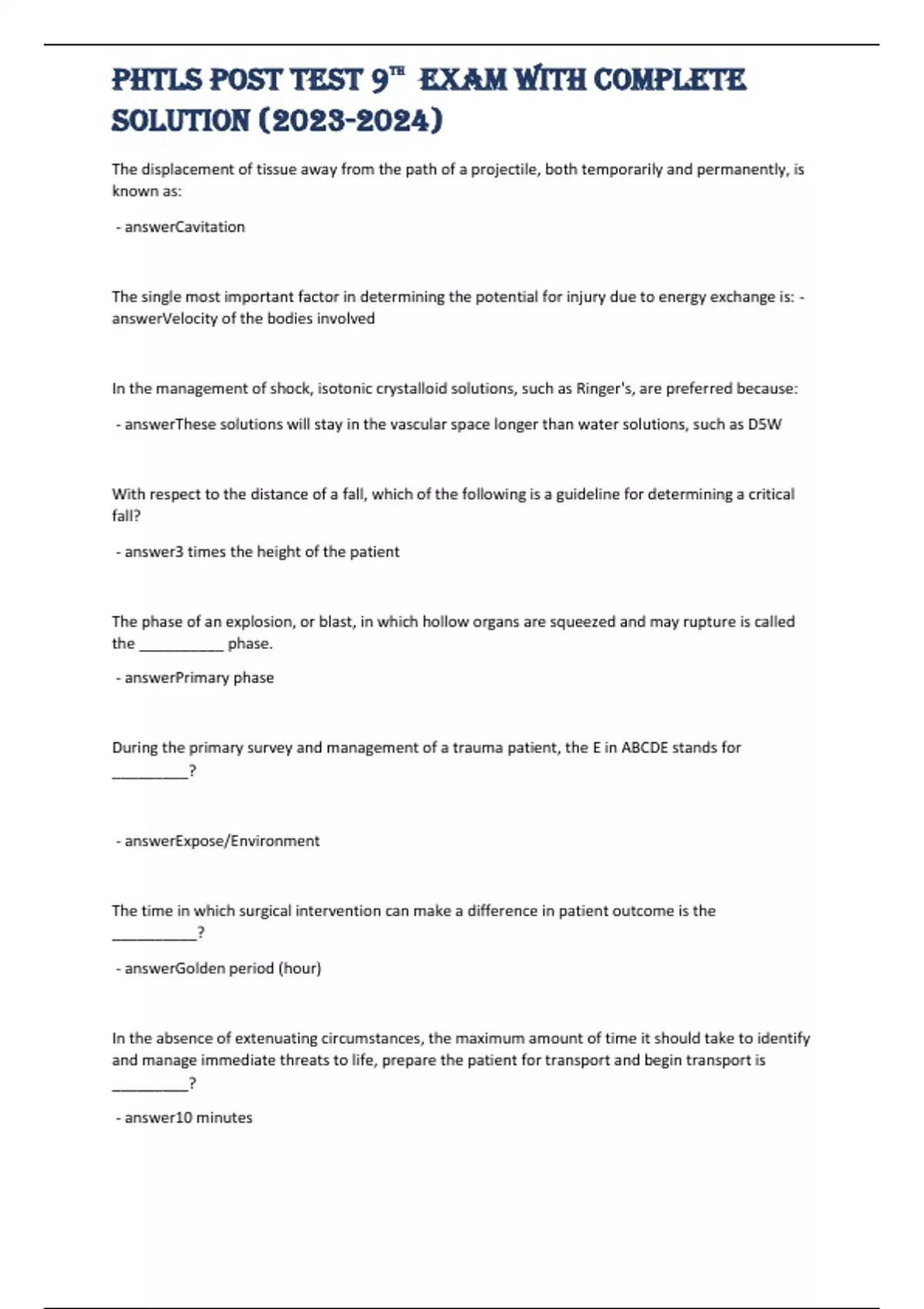 PHTLS Post Test 9th Exam with complete solution () The displacement of ...