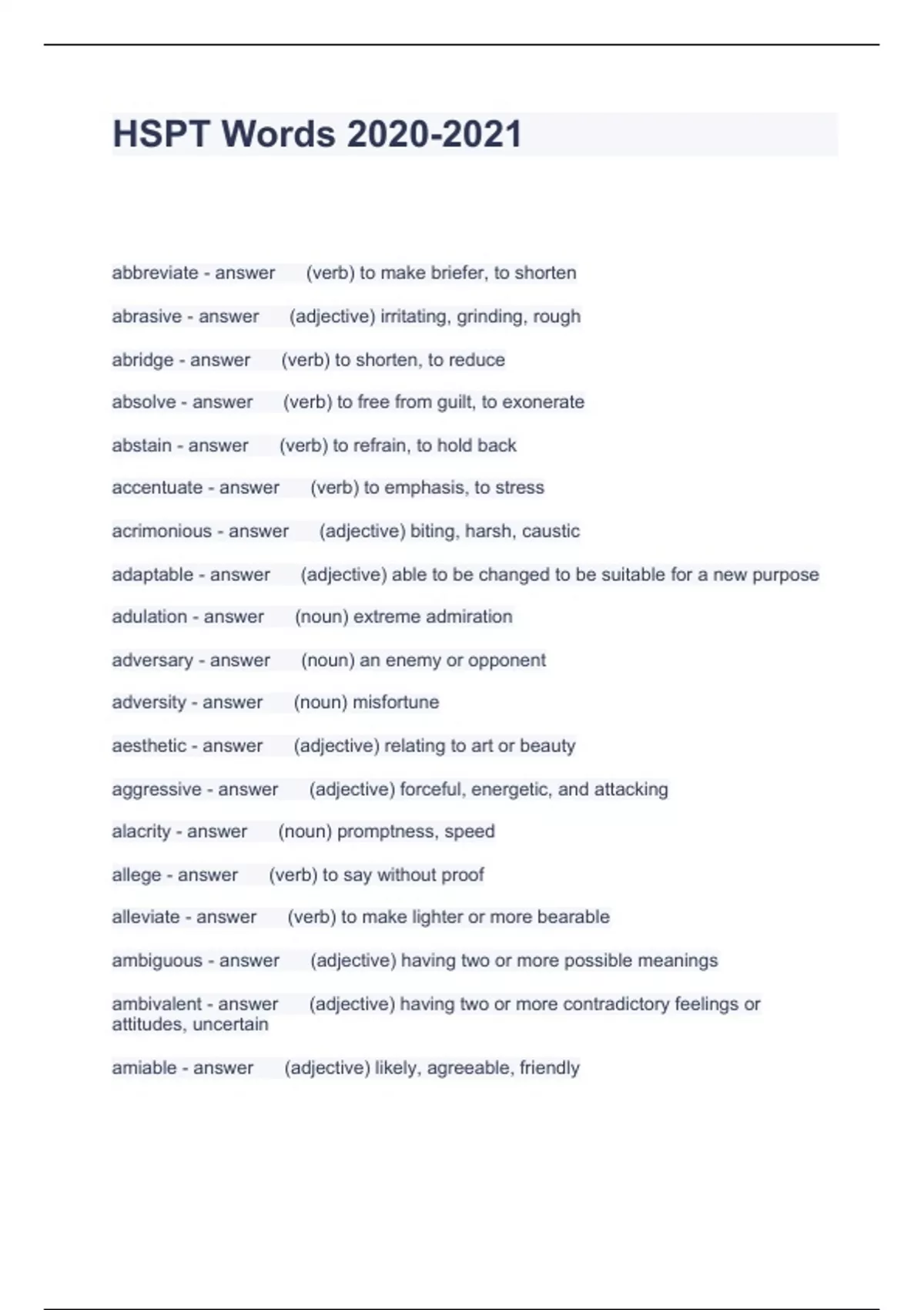 HSPT Words Questions with Solutions 2024 - HSPT - Stuvia US