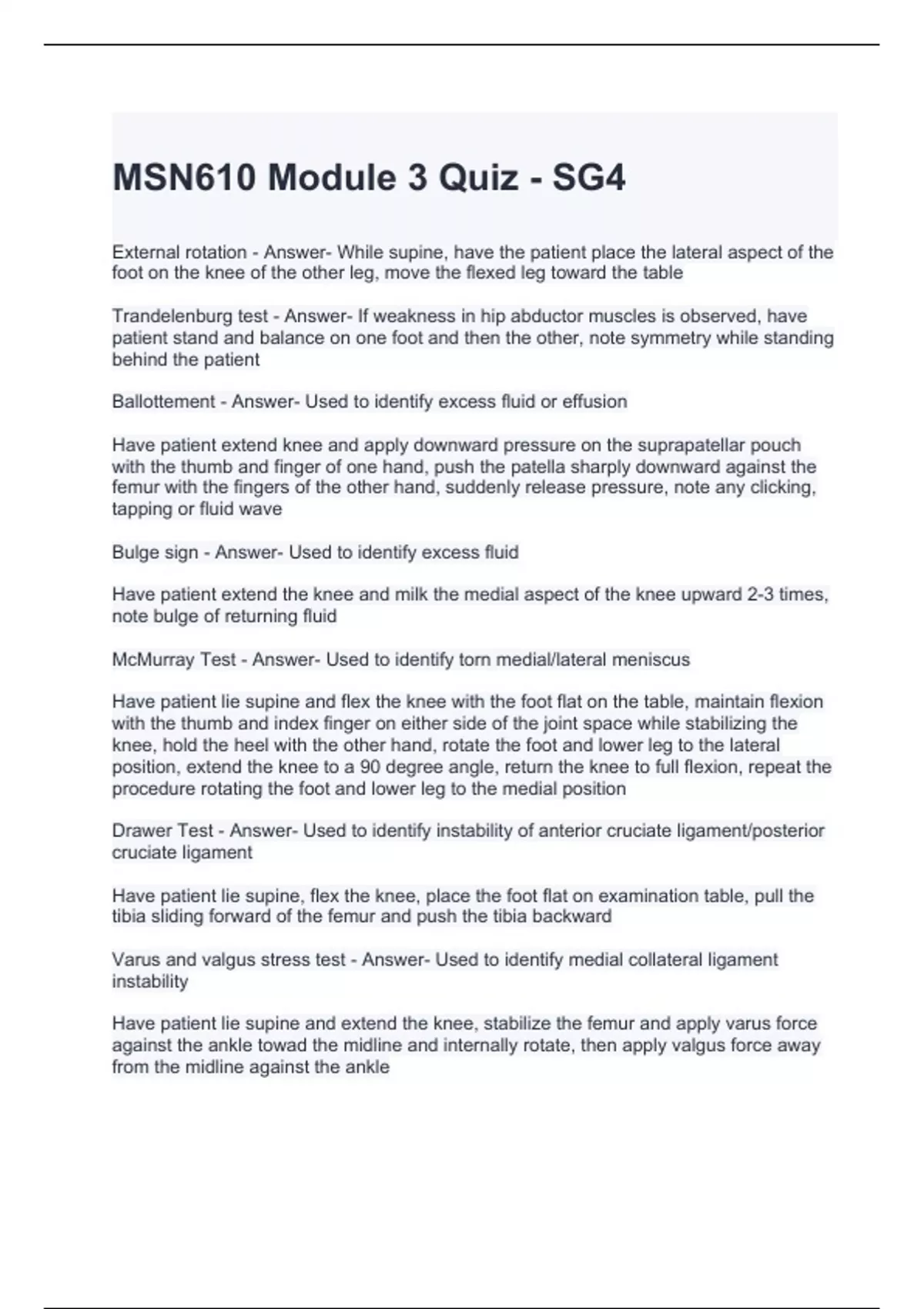 MSN610 Module 3 Quiz - SG4 with complete solutions - MSN 610 - Stuvia UK