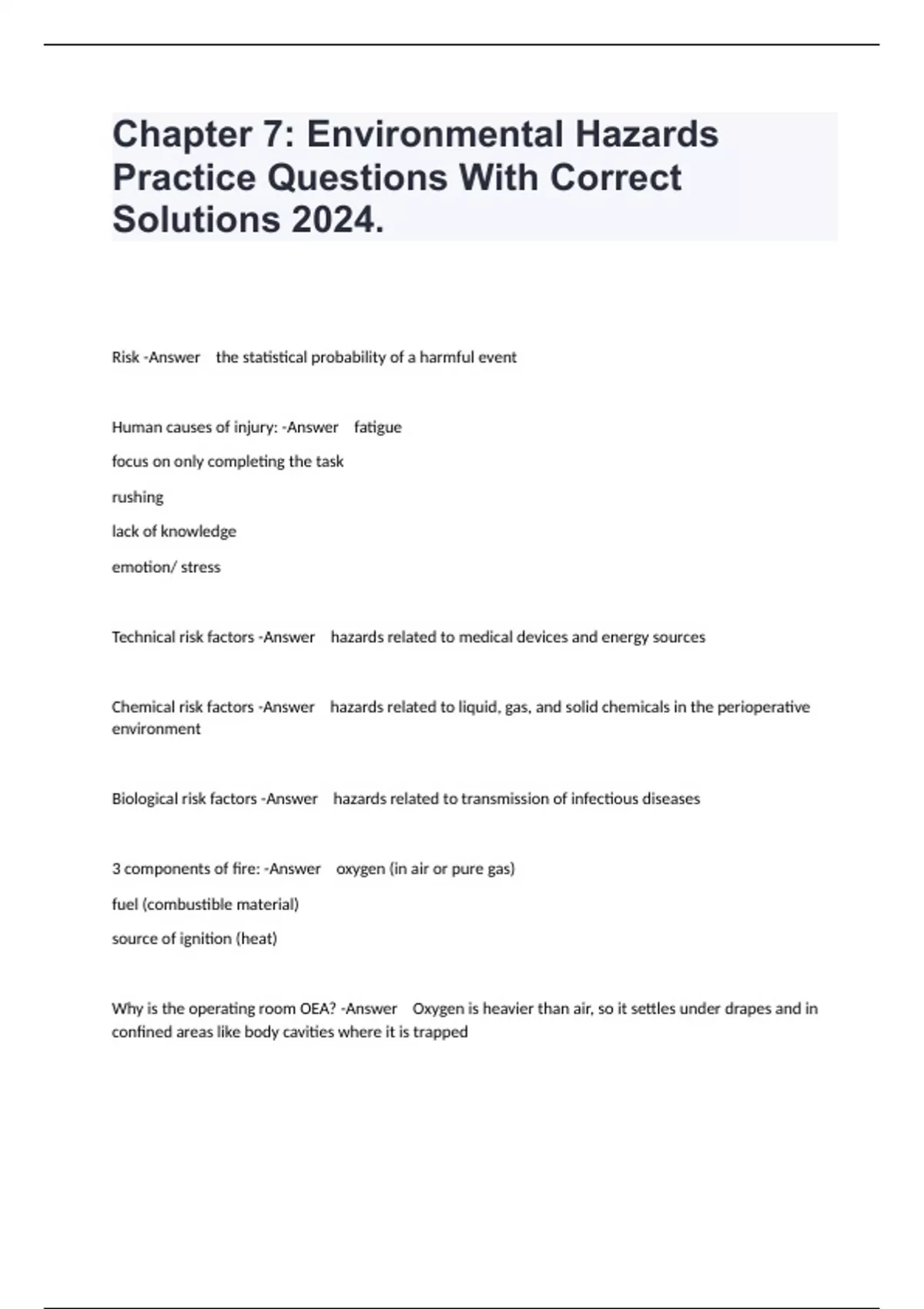 Chapter 7: Environmental Hazards Practice Questions With Correct ...