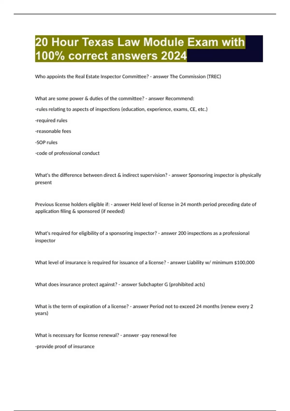 20 Hour Texas Law Module Exam with 100% correct answers 2024 - Mbe ...