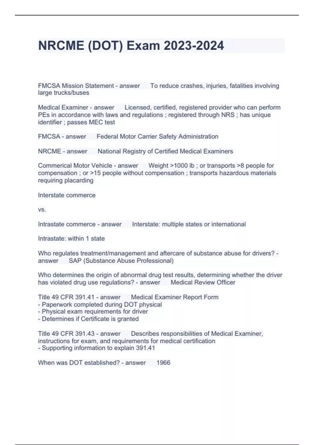 NRCME (DOT) Exam Questions and Answers - Dot - Stuvia US