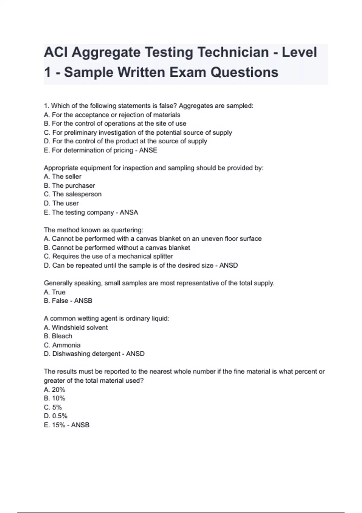ACI Aggregate Testing Technician - Level 1 - Sample Written Exam ...