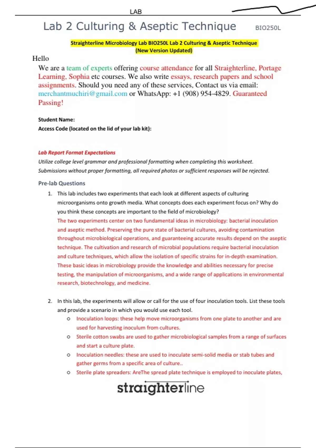 Straighterline Microbiology Lab BIO250L Lab 2 Culturing & Aseptic ...
