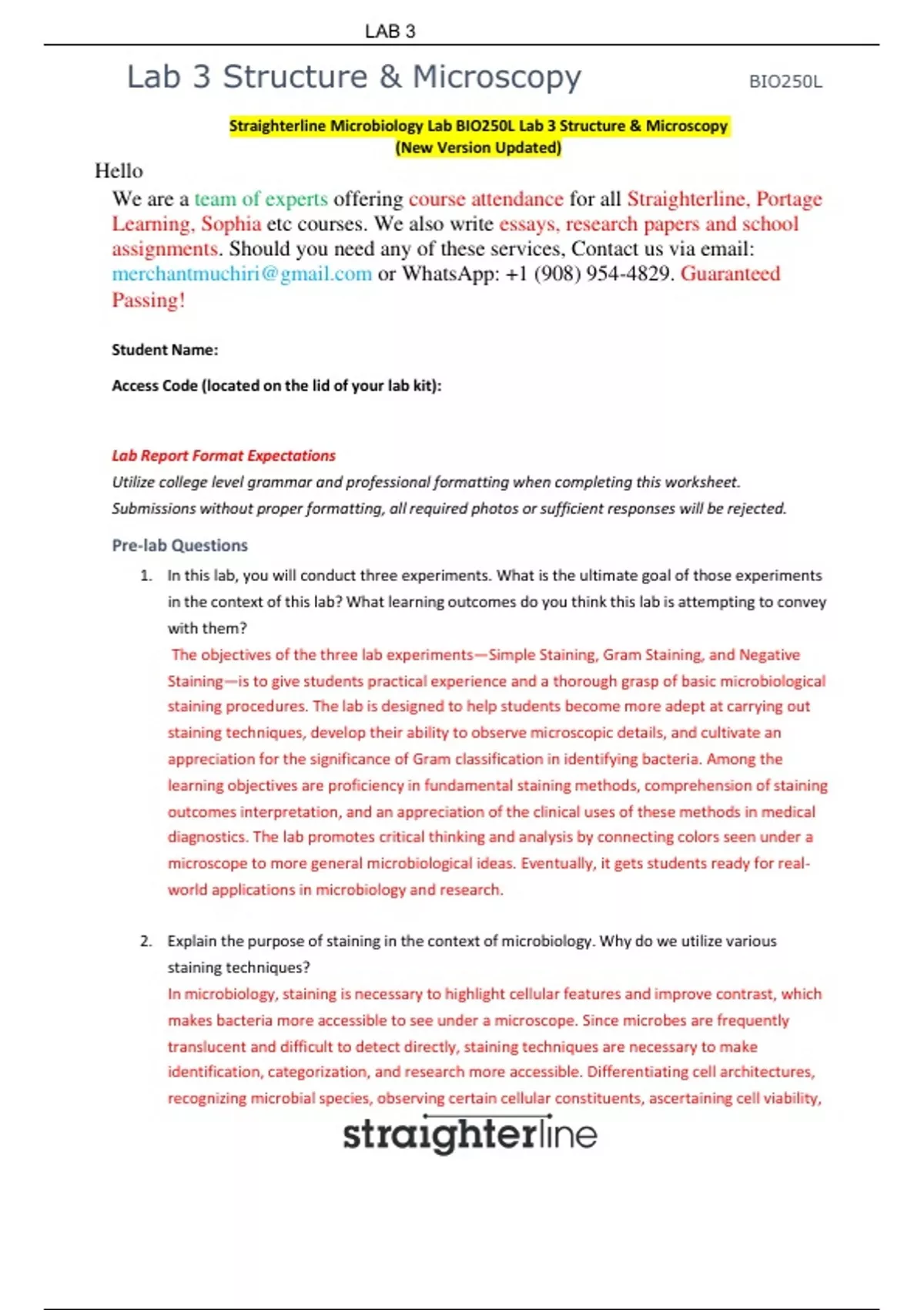 Straighterline Microbiology Lab BIO250L Lab 3 Structure & Microscopy ...