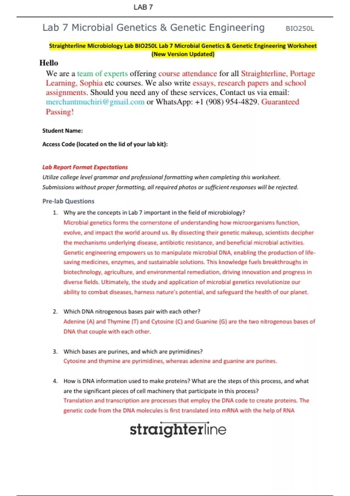 Straighterline Microbiology Lab BIO250L Lab 7 Microbial Genetics ...