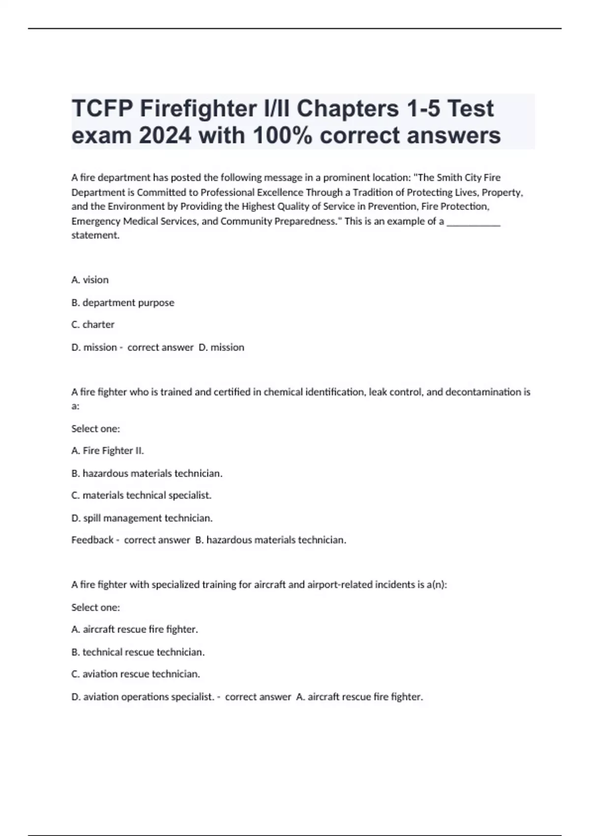 TCFP Firefighter I/II Chapters 1-5 Test exam 2024 with 100% correct ...