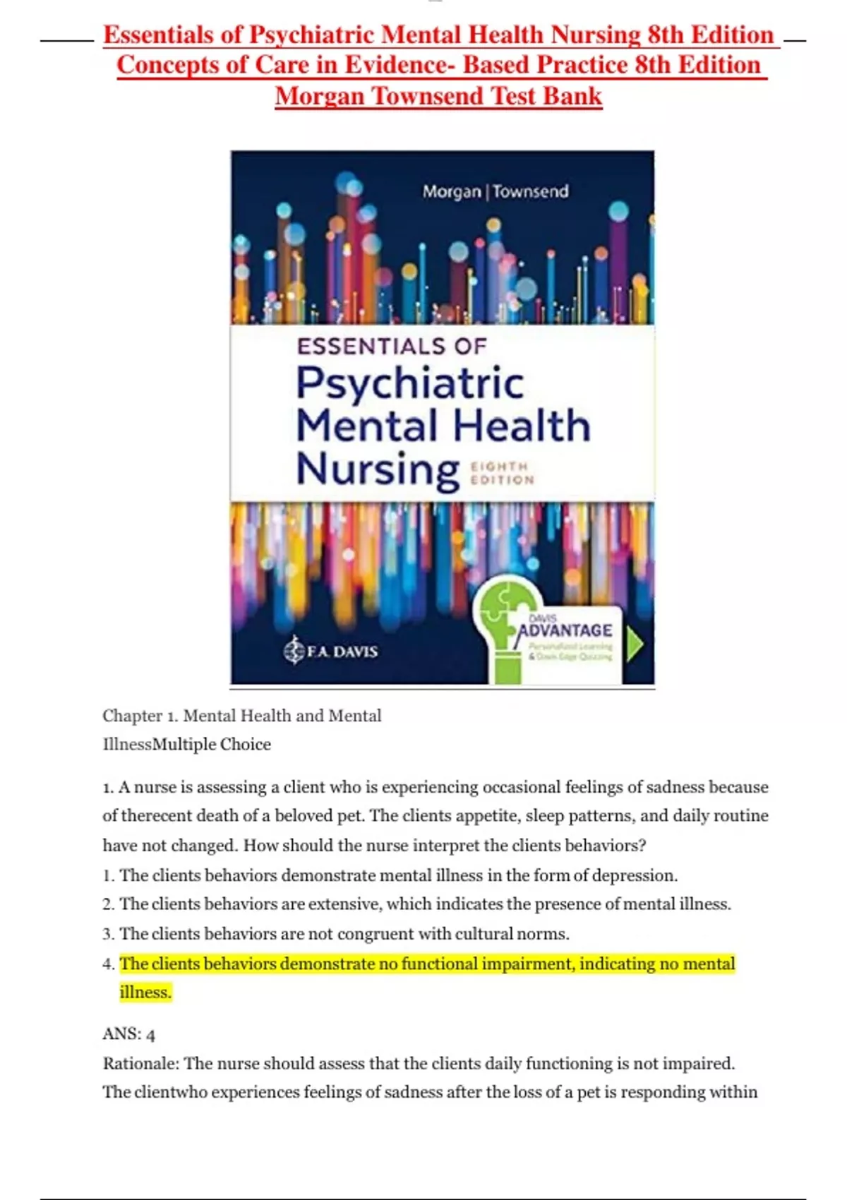 Essentials of Psychiatric Mental Health Nursing 8th Edition Concepts of ...