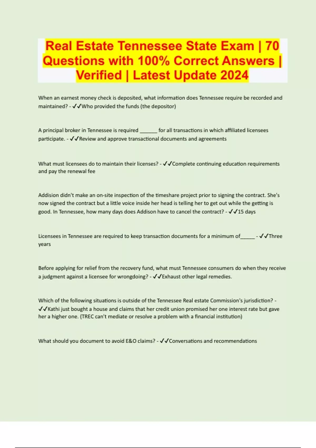 Real Estate Tennessee State Exam | 70 Questions with 100% Correct ...