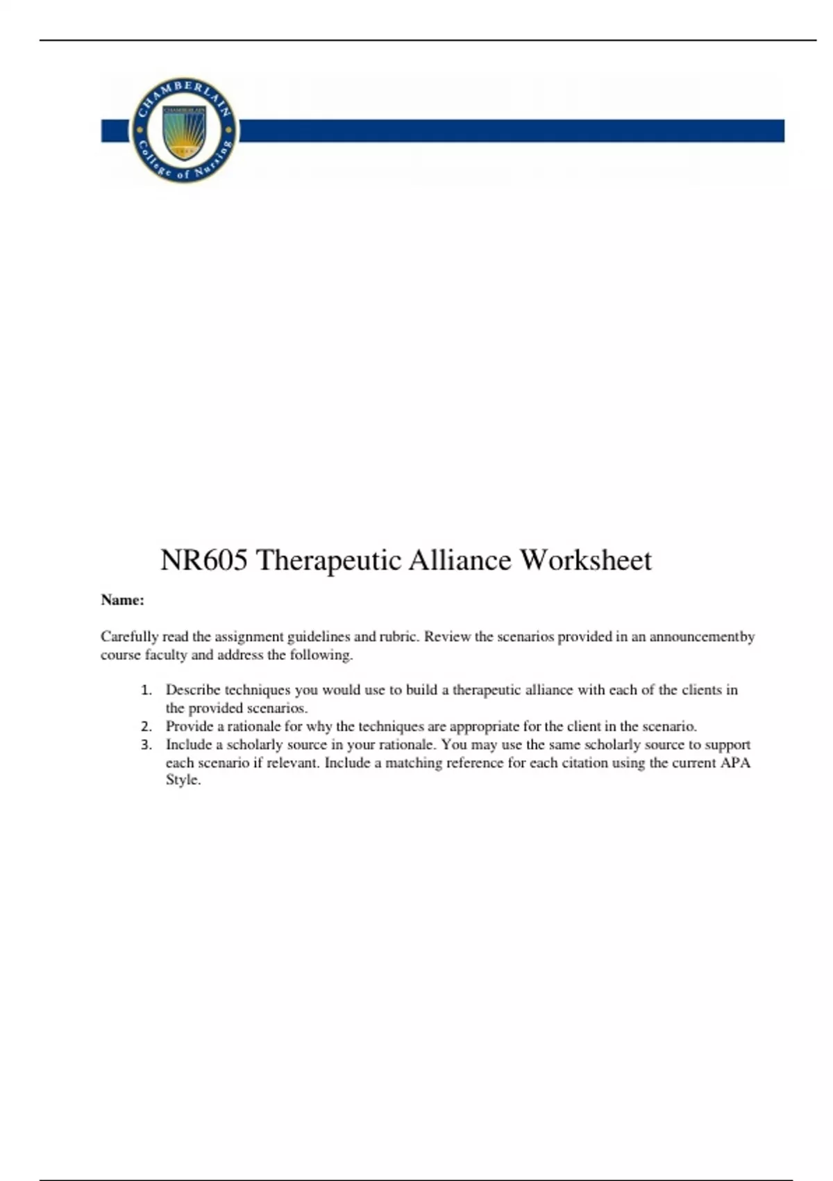 NR 605 Week 3 Assignment Therapeutic Alliance Worksheet - NR 605 ...