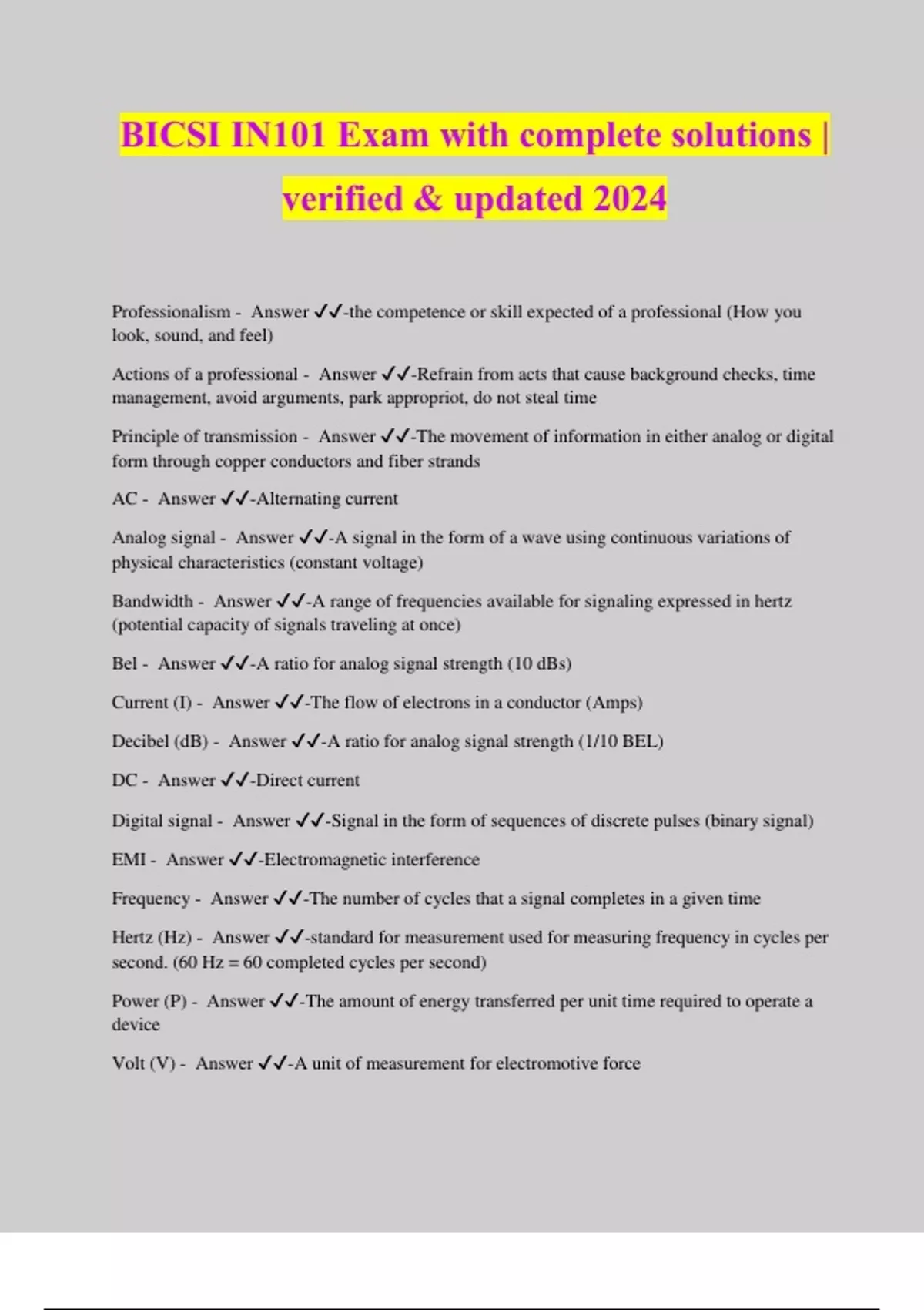 BICSI IN101 Exam with complete solutions | verified & updated 2024 ...