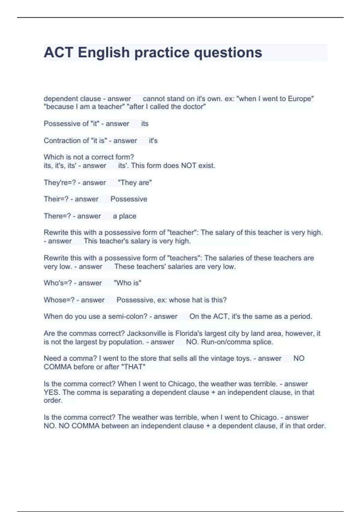 ACT English practice questions with solutions 2024 - ACT - Stuvia US