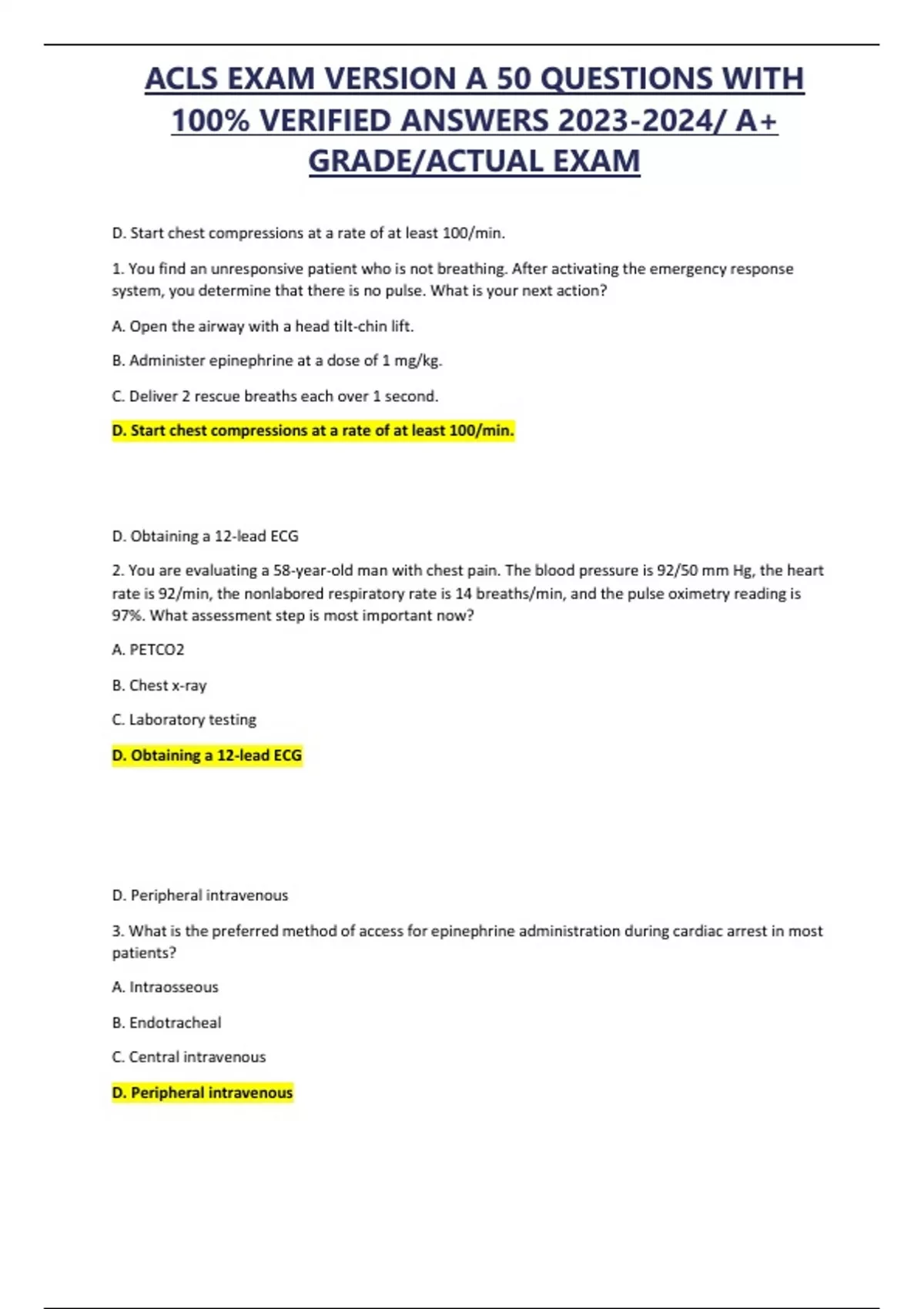 ACLS EXAM VERSION A 50 QUESTIONS WITH 100% VERIFIED ANSWERS / A+ GRADE ...