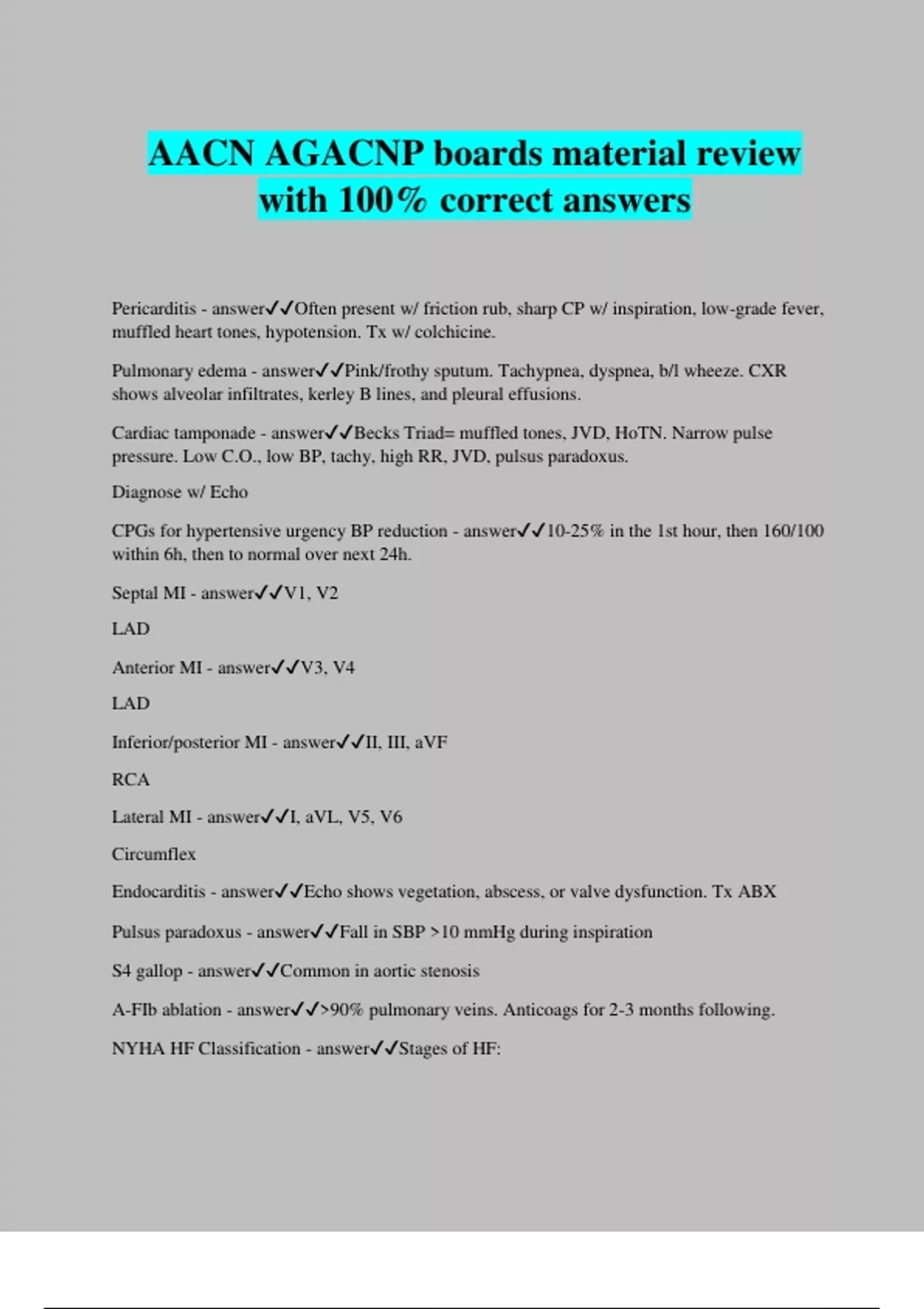 AACN AGACNP boards material review with 100% correct answers - AGACNP ...
