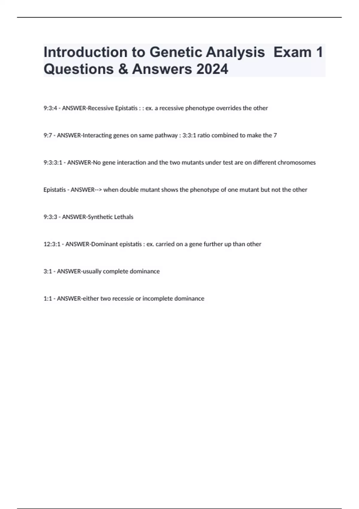 Introduction to Genetic Analysis Exam 1 Questions & Answers 2024 ...