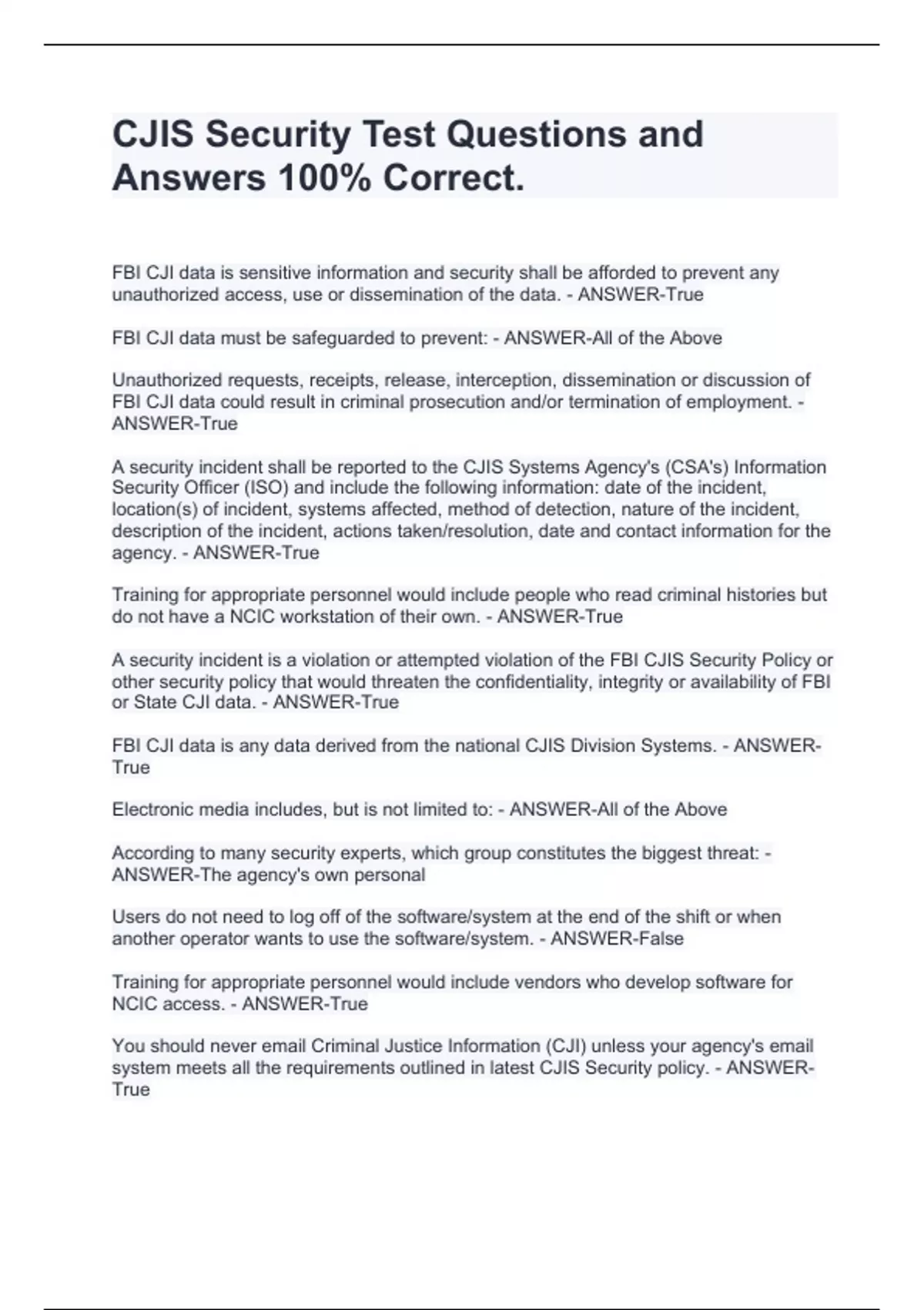 CJIS Security Test Questions and Answers 100% Correct. - CJIS Security ...