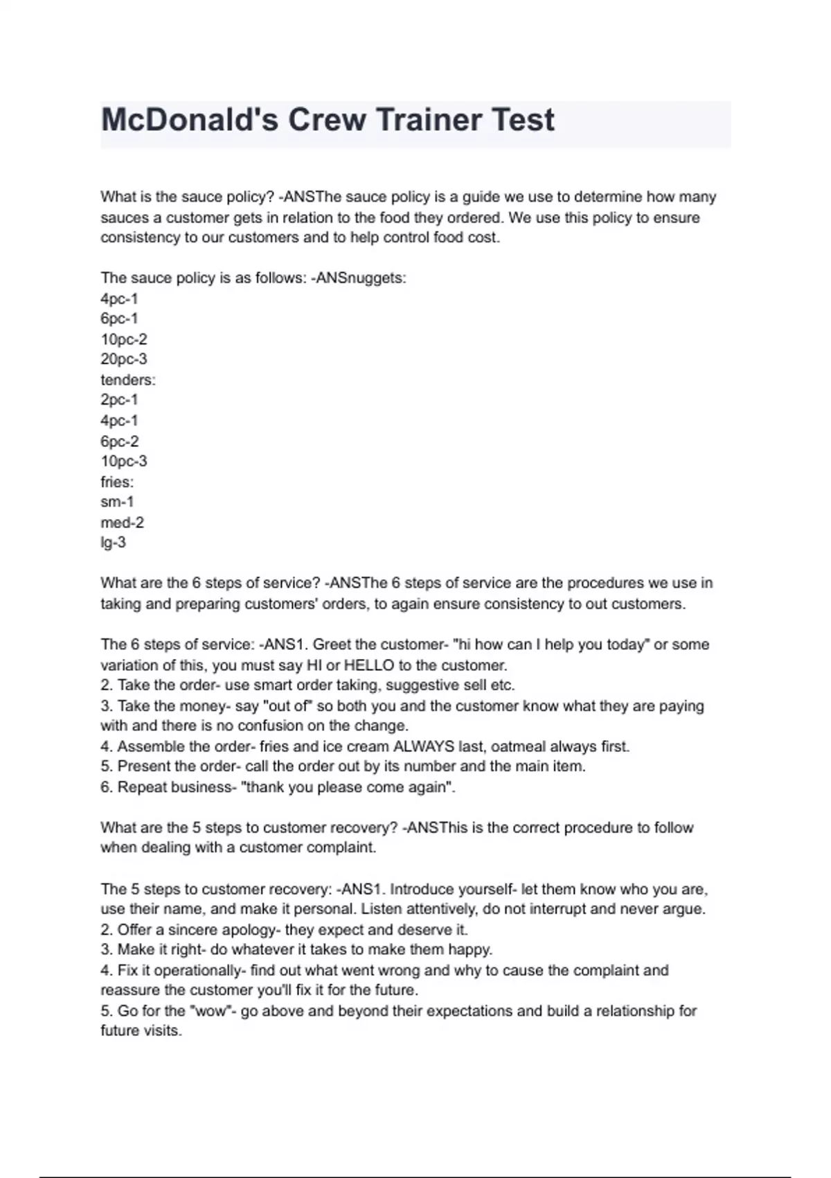 McDonald's Crew Trainer Test 2024/2025 already graded A+ - McDonald ...