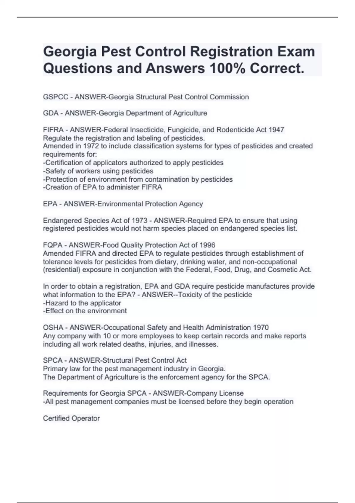 Georgia Certified Operators EXAM BUNDLE(COMPLETE PACKAGE)- Rules & Regs ...