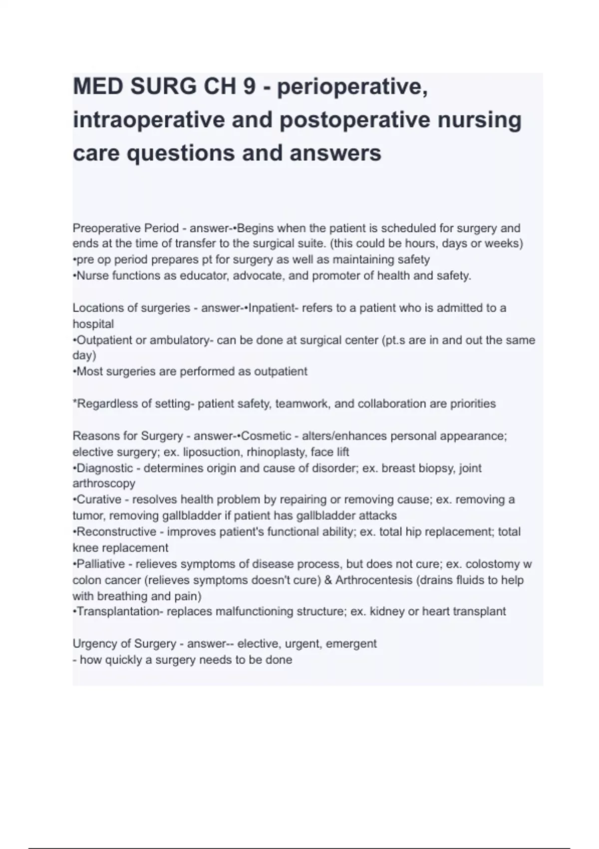 MED SURG CH 9 - perioperative, intraoperative and postoperative nursing ...