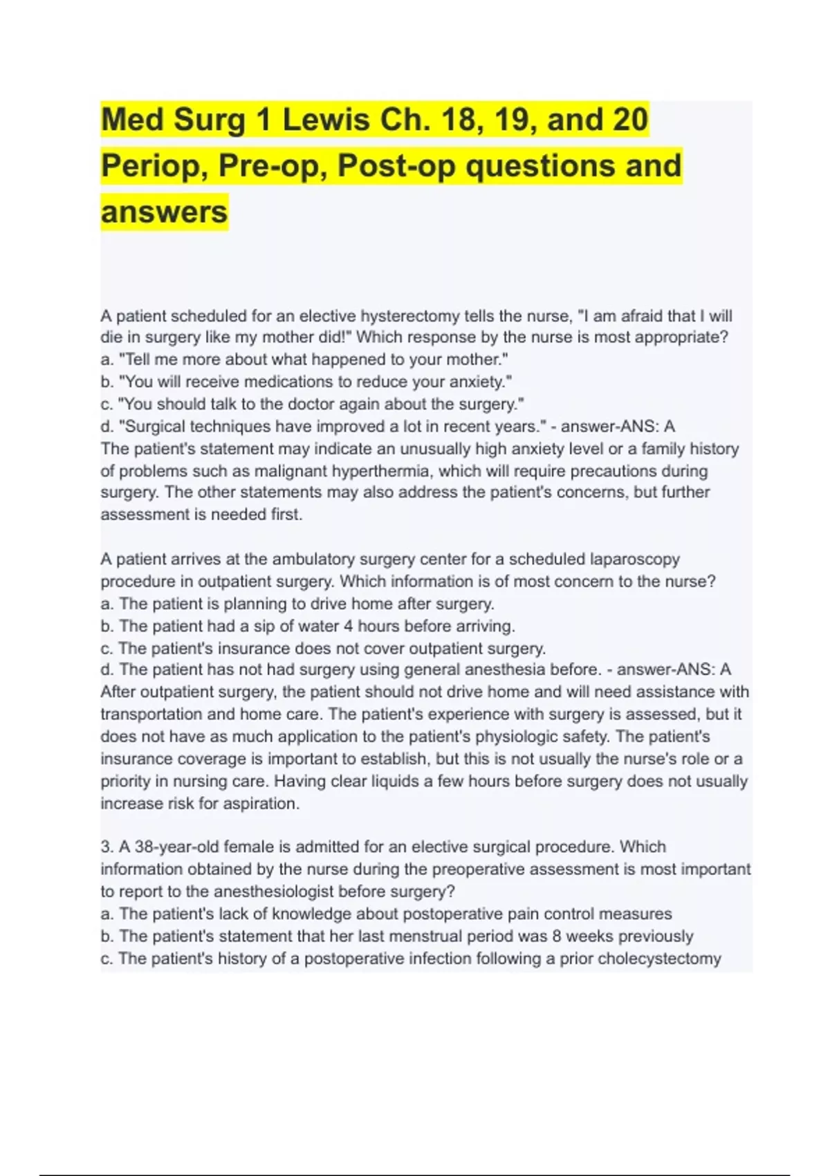 Med Surg 1 Lewis Ch. 18, 19, and 20 Periop, Pre-op, Post-op questions ...