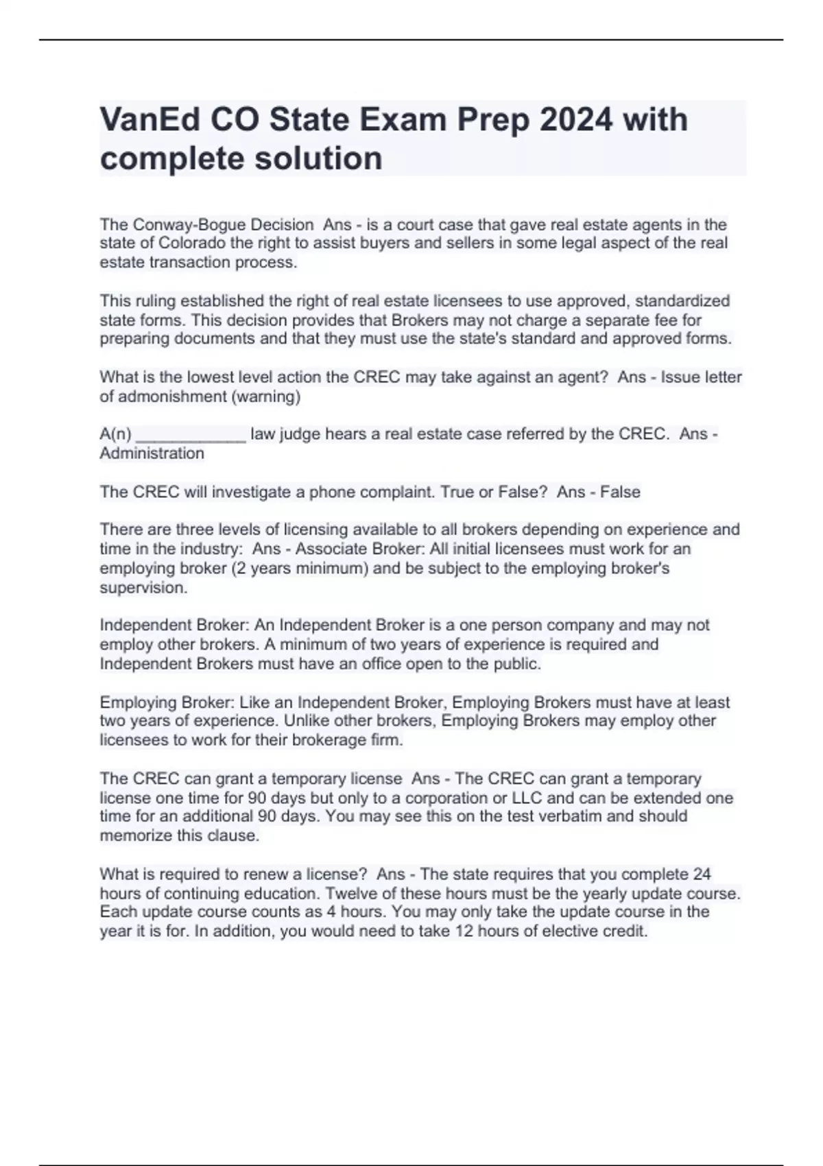 VanEd CO State Exam Prep 2024 with complete solution - VanEd CO - Stuvia US