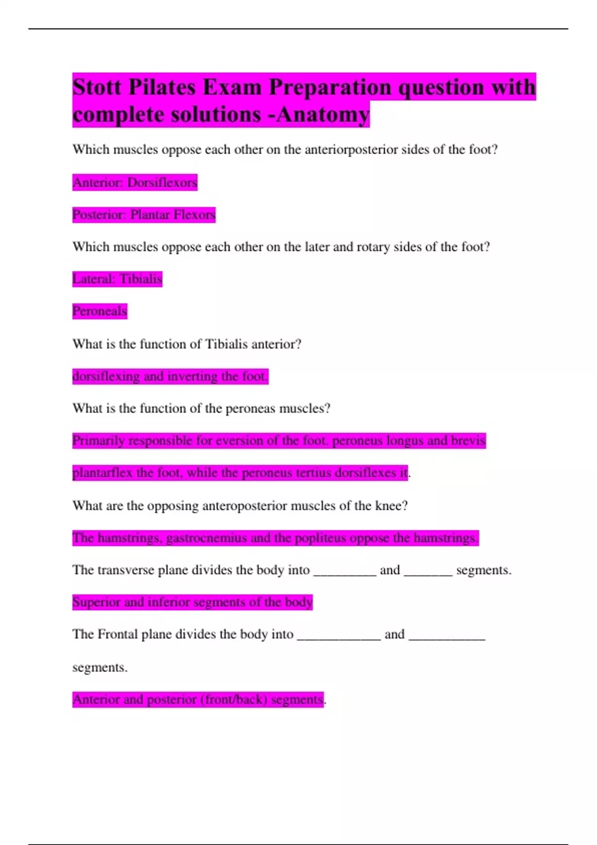 Stott Pilates Exam Preparation question with complete solutions ...