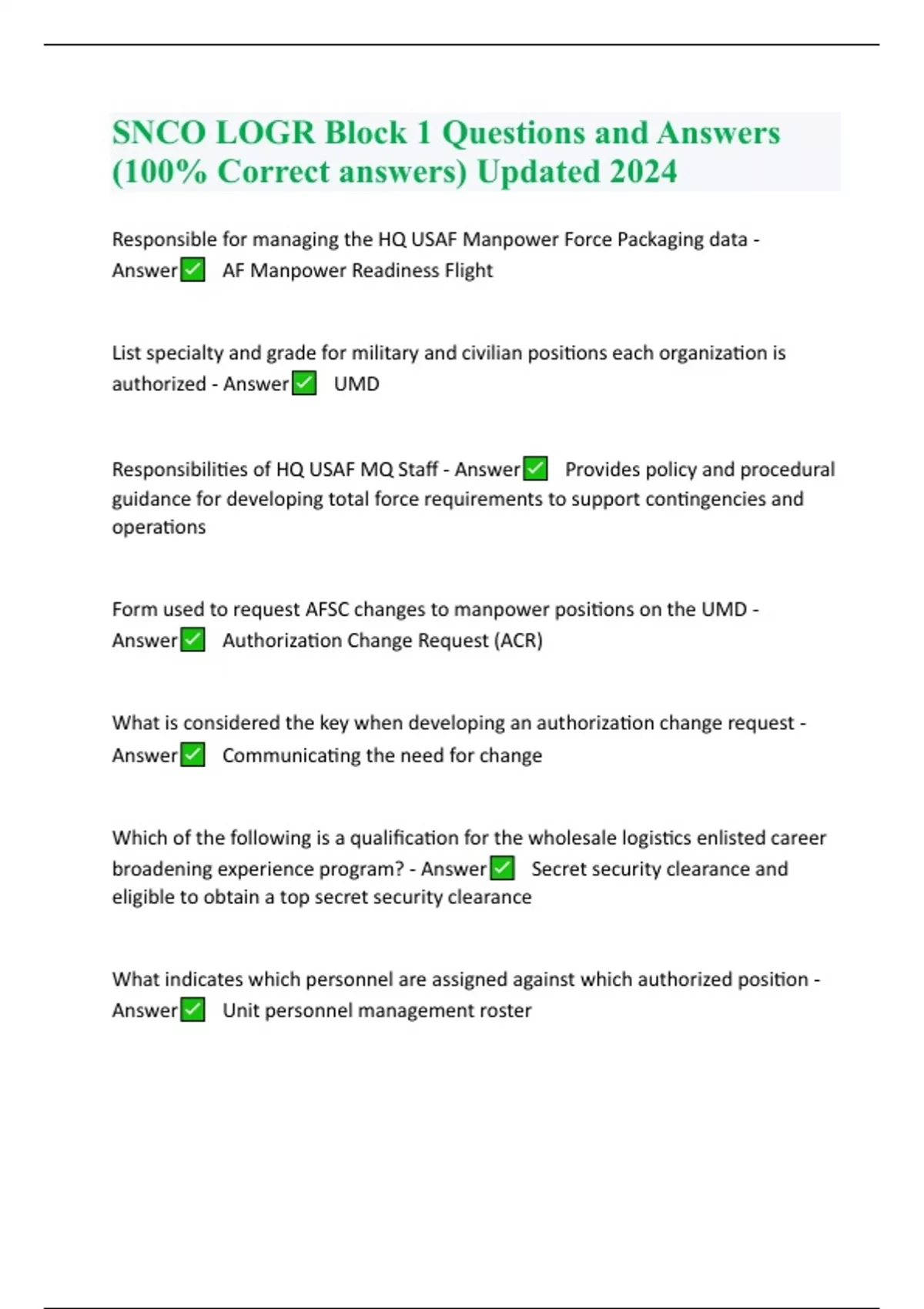 SNCO LOGR Block 1 Questions and Answers (100% Correct answers) Updated ...