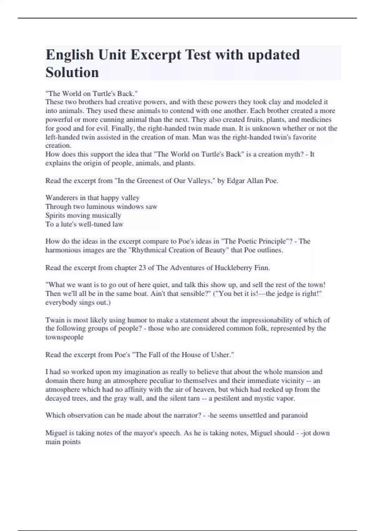 English Unit Excerpt Test with updated Solution - English Unit - Stuvia US