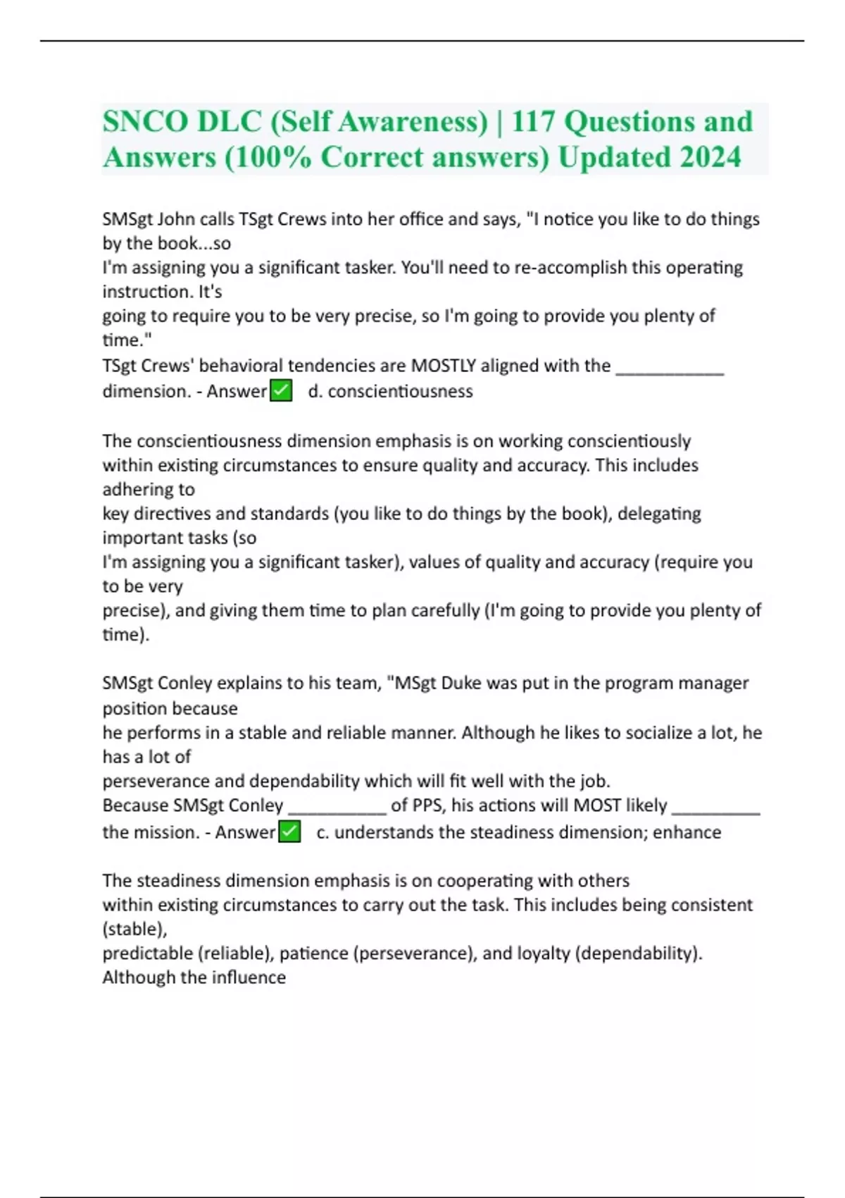 SNCO DLC (Self Awareness) | 117 Questions and Answers (100% Correct ...