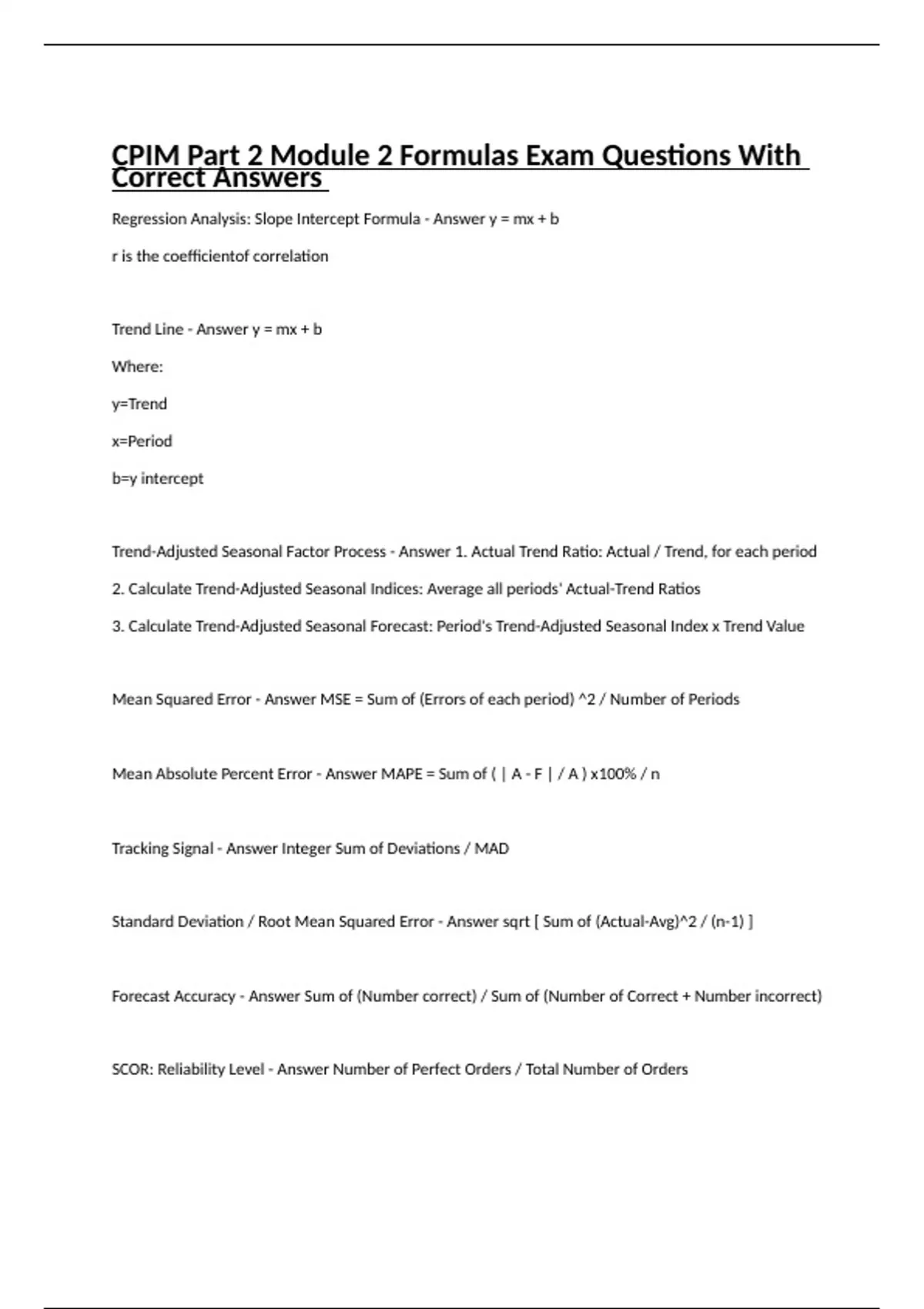 CPIM Part 2 Module 2 Formulas Exam Questions With Correct Answers - CPIM - Certified in ...