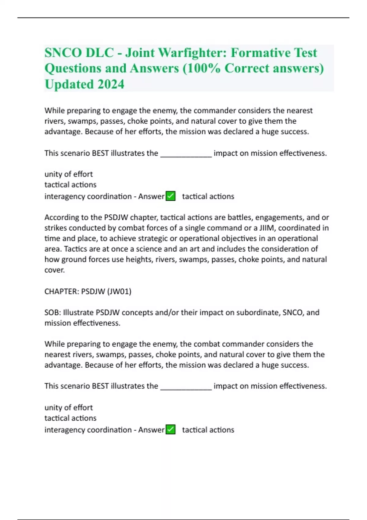 SNCO DLC - Joint Warfighter: Formative Test Questions and Answers (100% ...