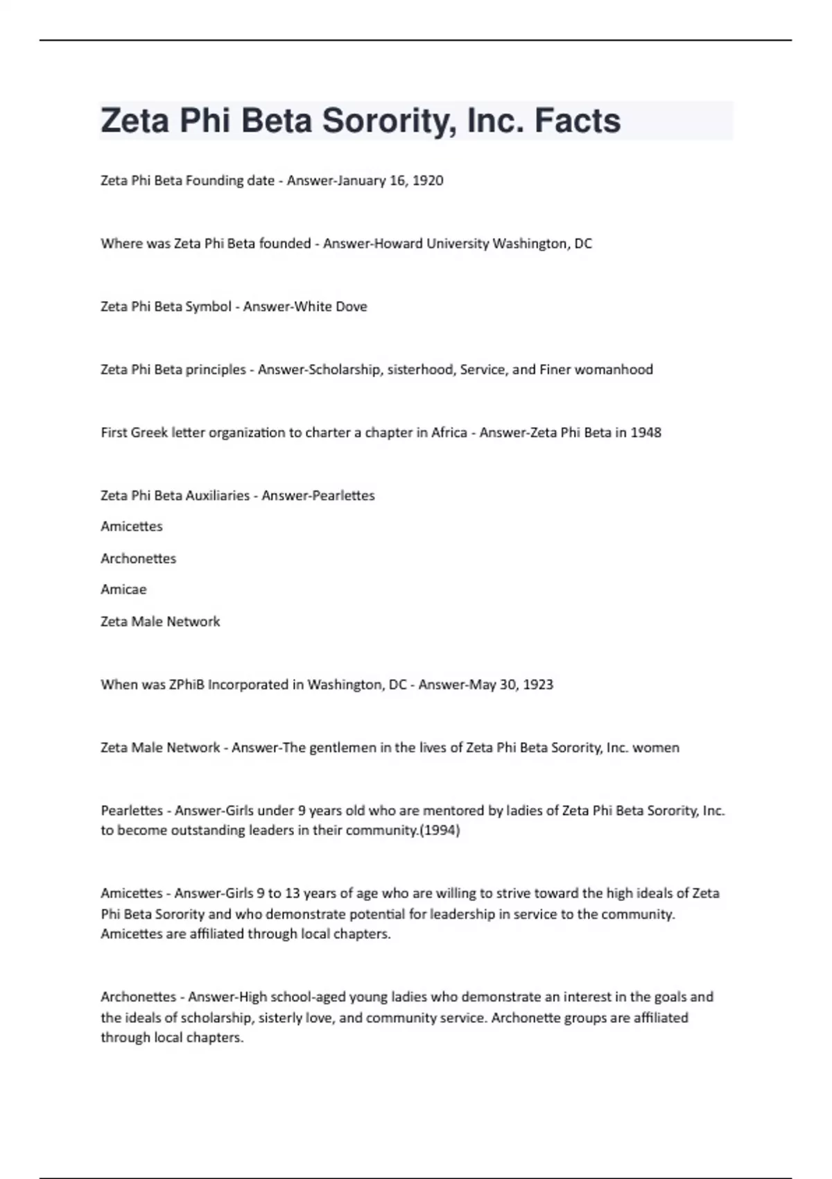 Zeta Phi Beta Sorority, Inc. Facts Questions and Answers Latest [100% ...