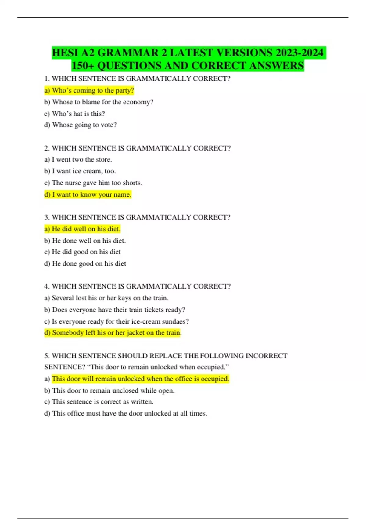 HESI A2 GRAMMAR 2 LATEST VERSIONS + QUESTIONS AND CORRECT ANSWERS ...