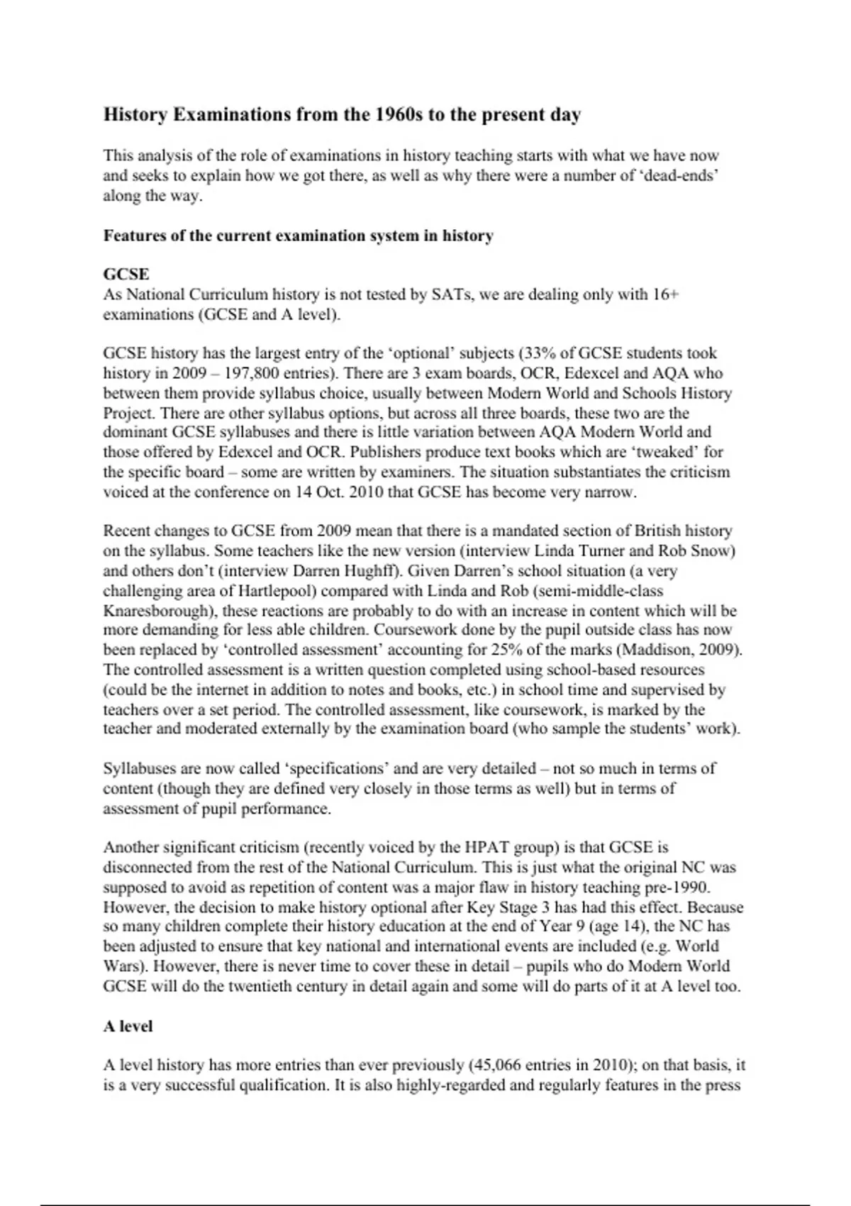 GCSE History Examinations from the 1960s to the present day - History ...