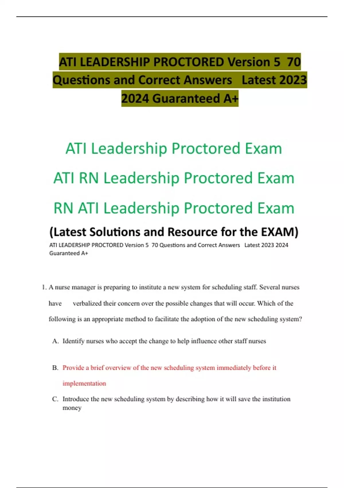 ATI LEADERSHIP PROCTORED Version 5 70 Questions and Correct Answers ...