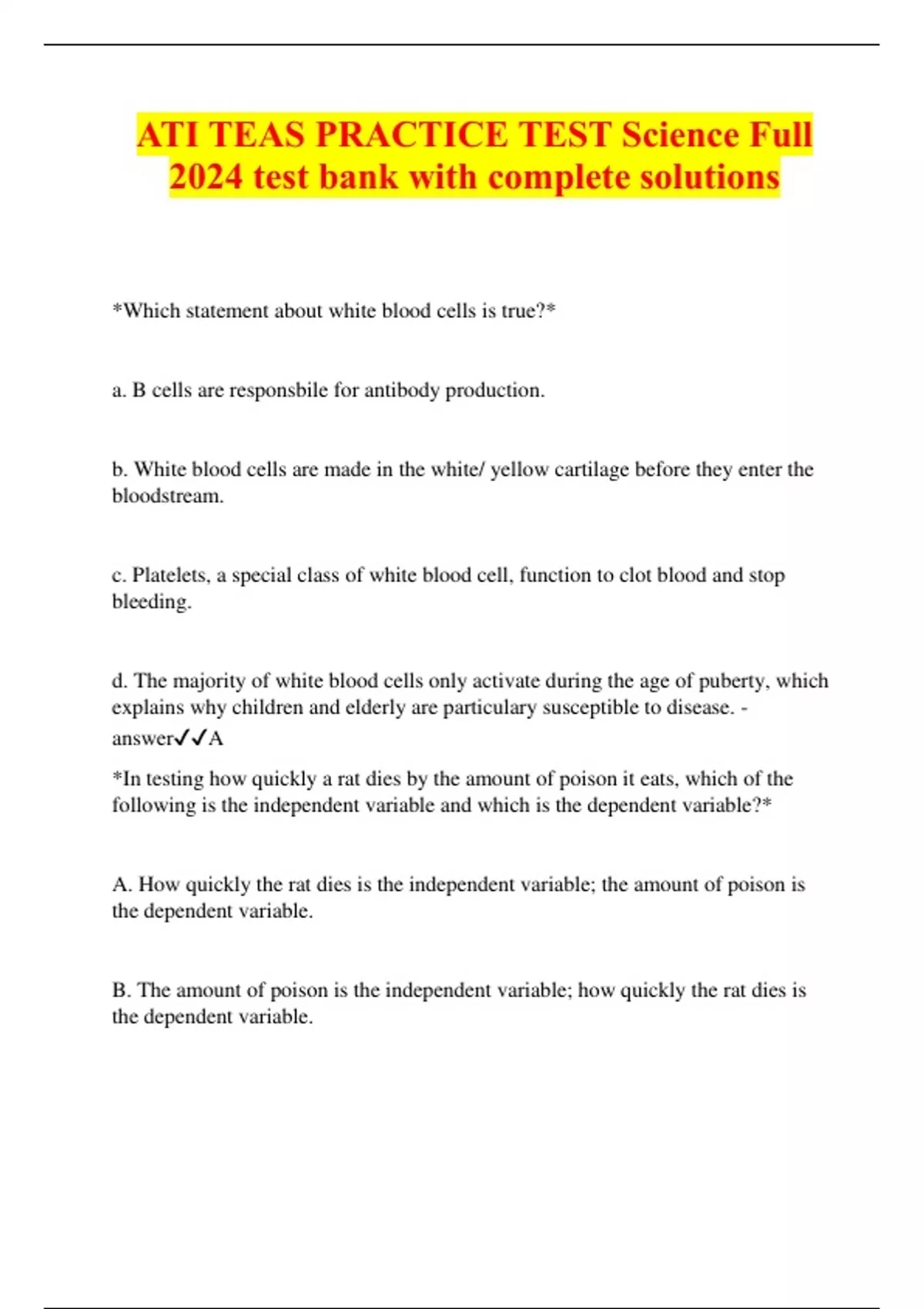 ATI TEAS PRACTICE TEST Science Full 2024 test bank with complete ...