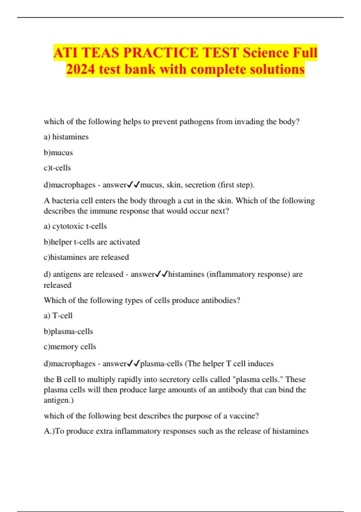 ATI TEAS PRACTICE TEST Science Full 2024 test bank with complete ...