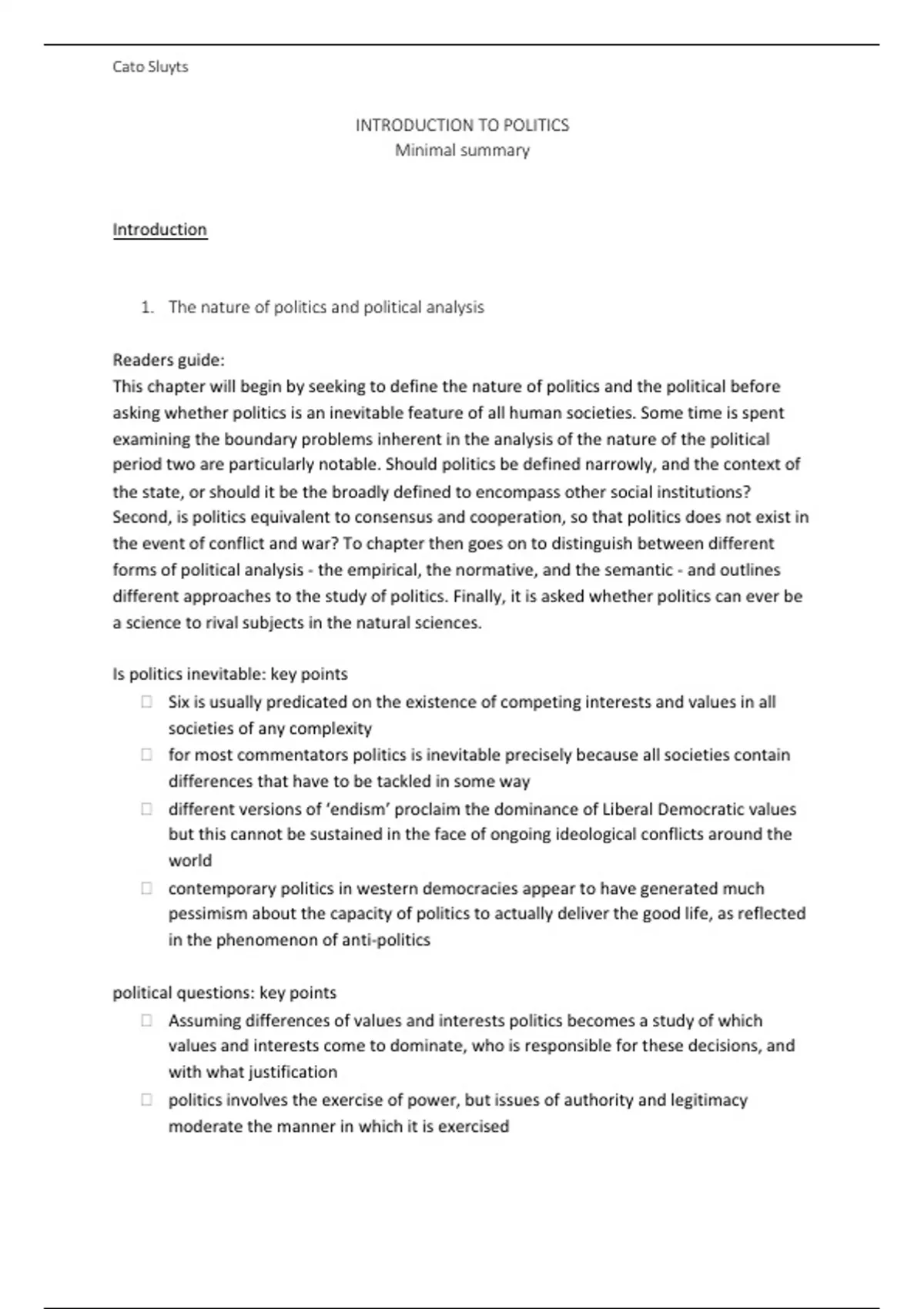 Summary introduction to politics book overview - Introduction to ...