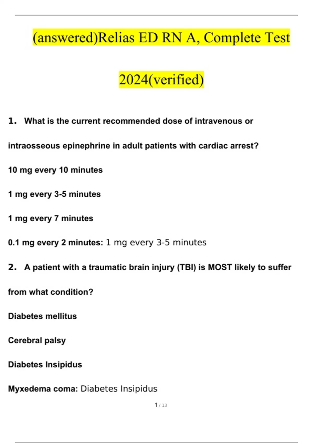 Relias ED RN A With 100% Verified Solutions | Updated & Verified | 2024 ...