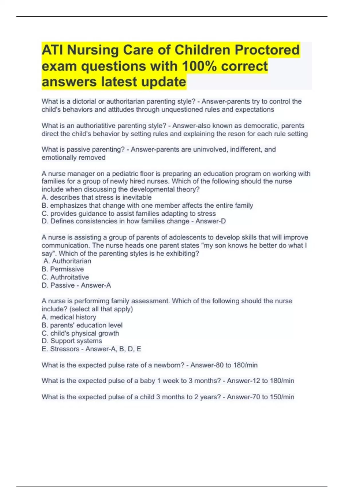 ATI Nursing Care of Children Proctored exam questions with 100% correct ...