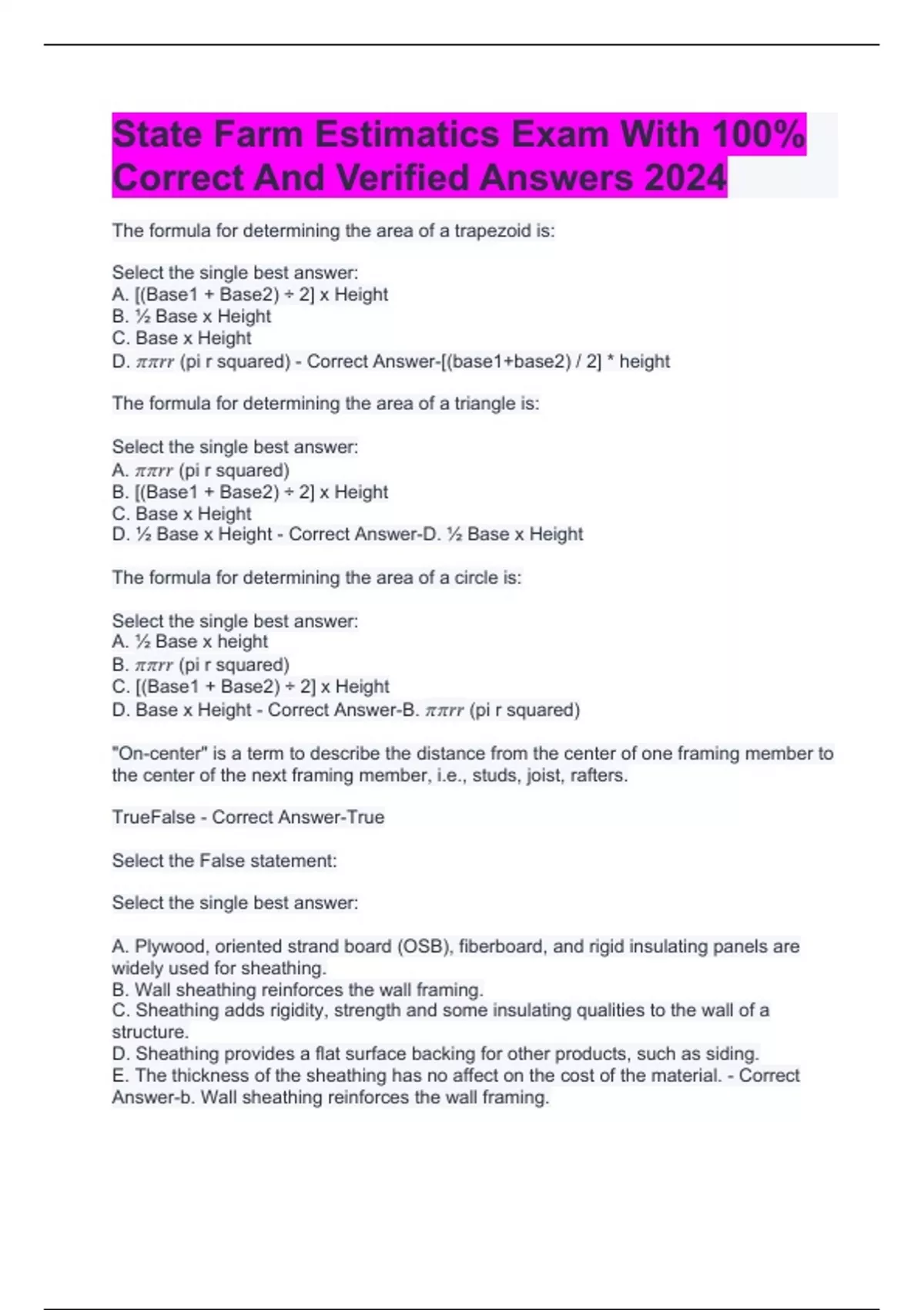 State Farm Estimatics Exam With 100% Correct And Verified Answers 2024 ...