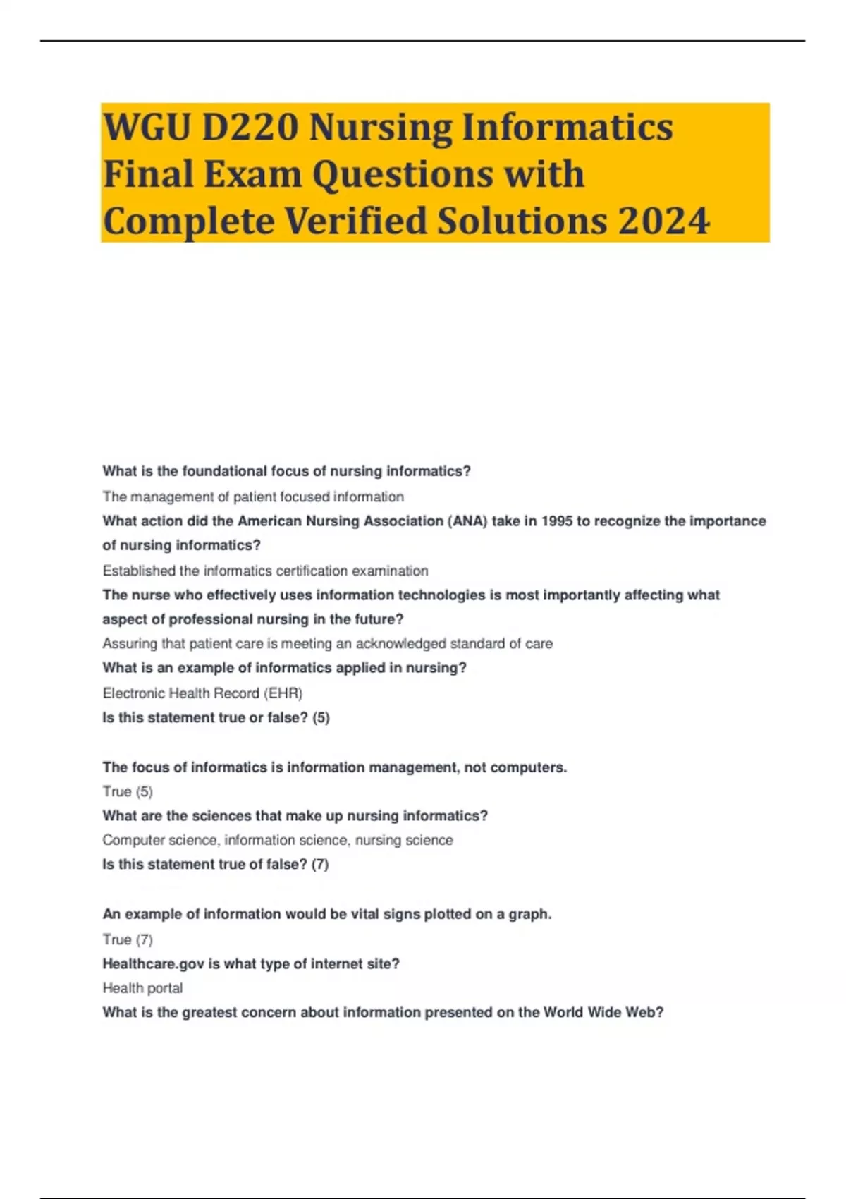 WGU D220 Nursing Informatics Final Exam Questions with Complete Verified Solutions 2024 - D220 ...