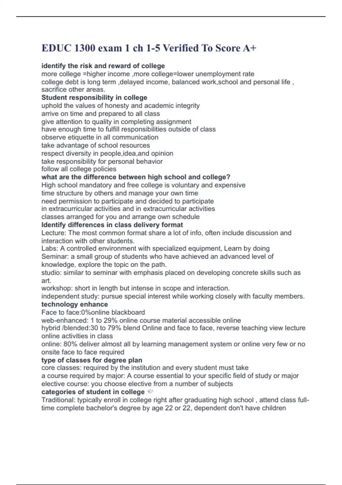 EDUC 1300 exam 1 ch 1-5 Verified To Score A+ - EDUC 1300 - Stuvia US