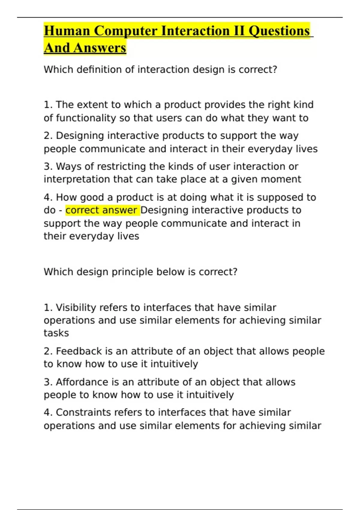 Human Computer Interaction II Questions And Answers - Human Computer Interaction II - Stuvia US