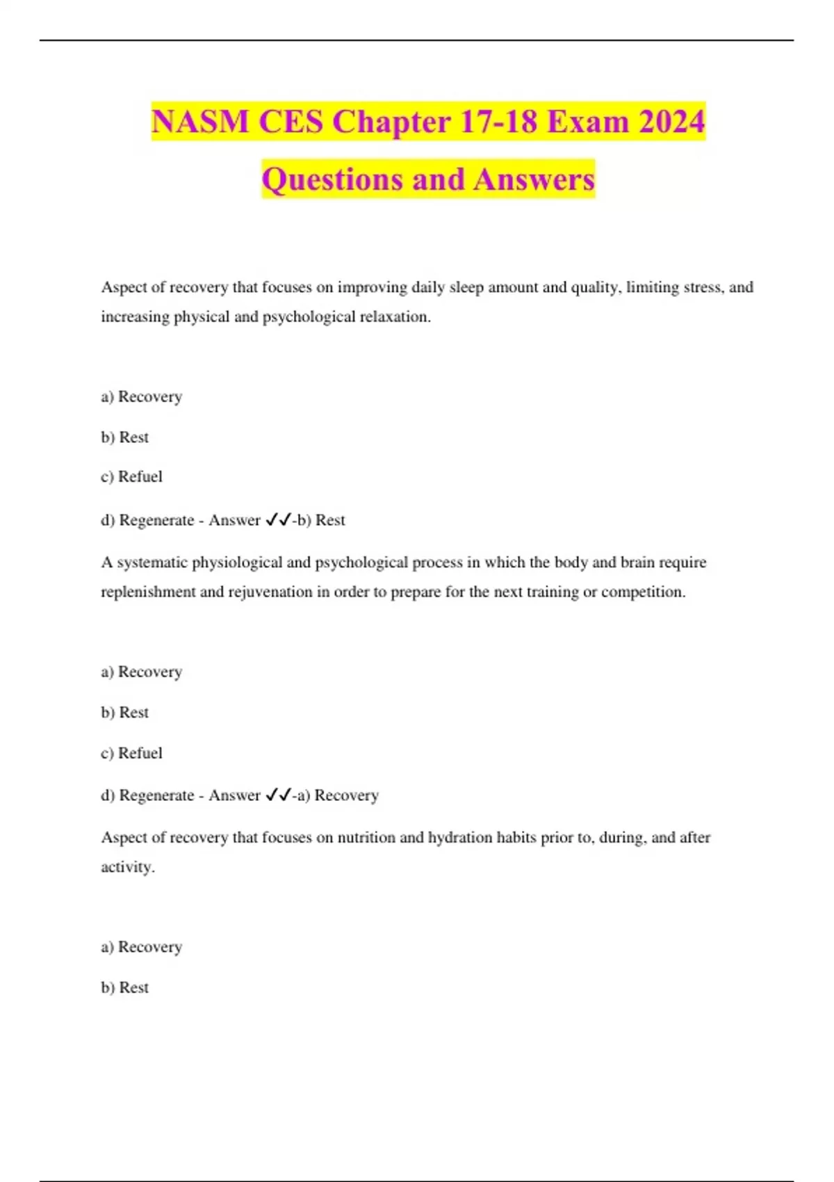 NASM CES Chapter 17-18 Exam 2024 Questions and Answers - NASM CES Chapter 17- - Stuvia US