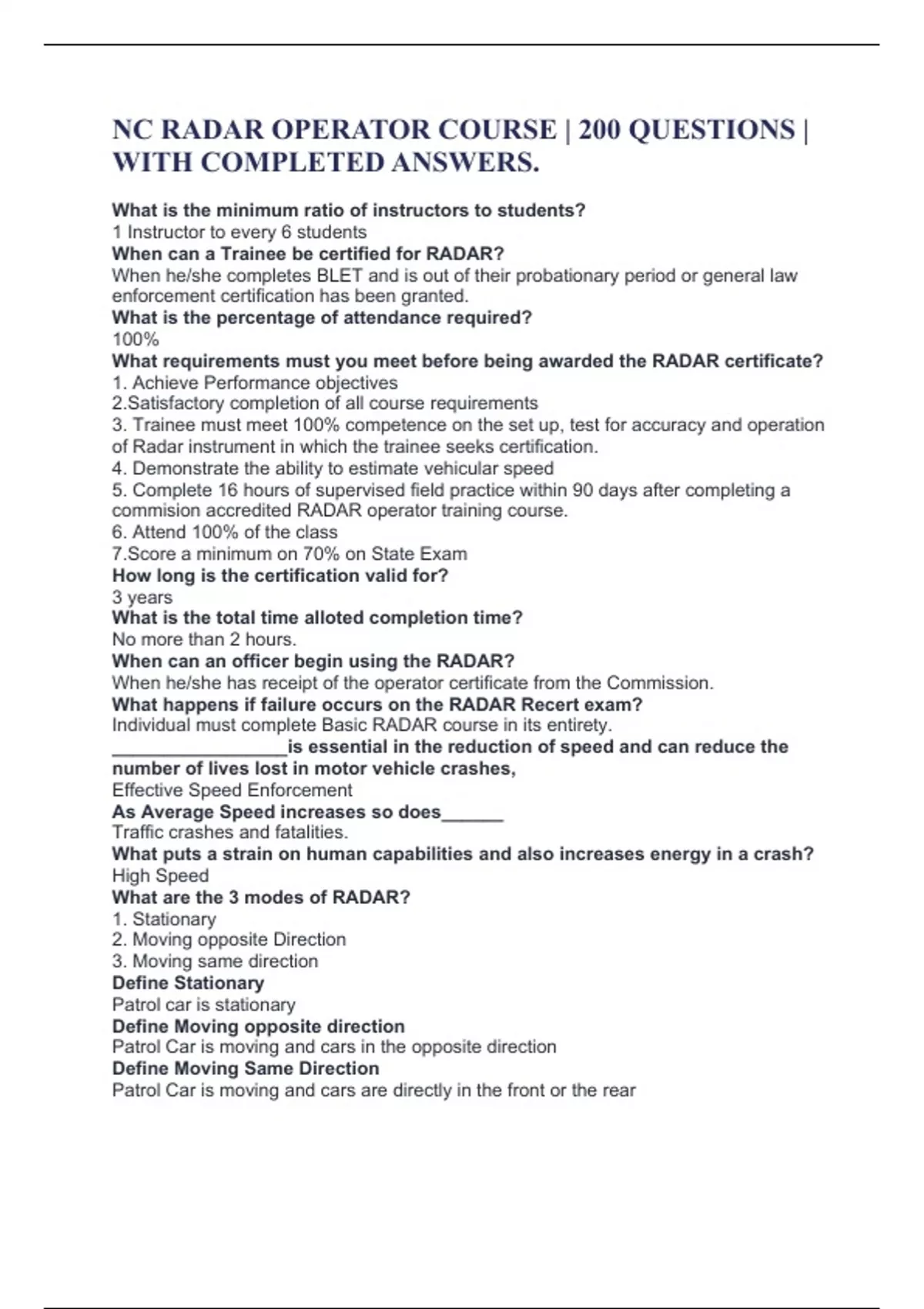 NC RADAR OPERATOR COURSE | 200 QUESTIONS | WITH COMPLETED ANSWERS. - NC ...