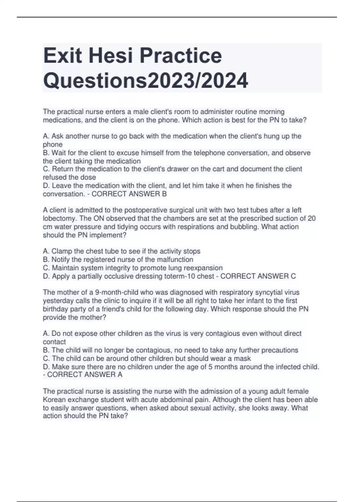 UPDATED Exit Hesi Practice Questions 2024 - Exit Hesi - Stuvia US
