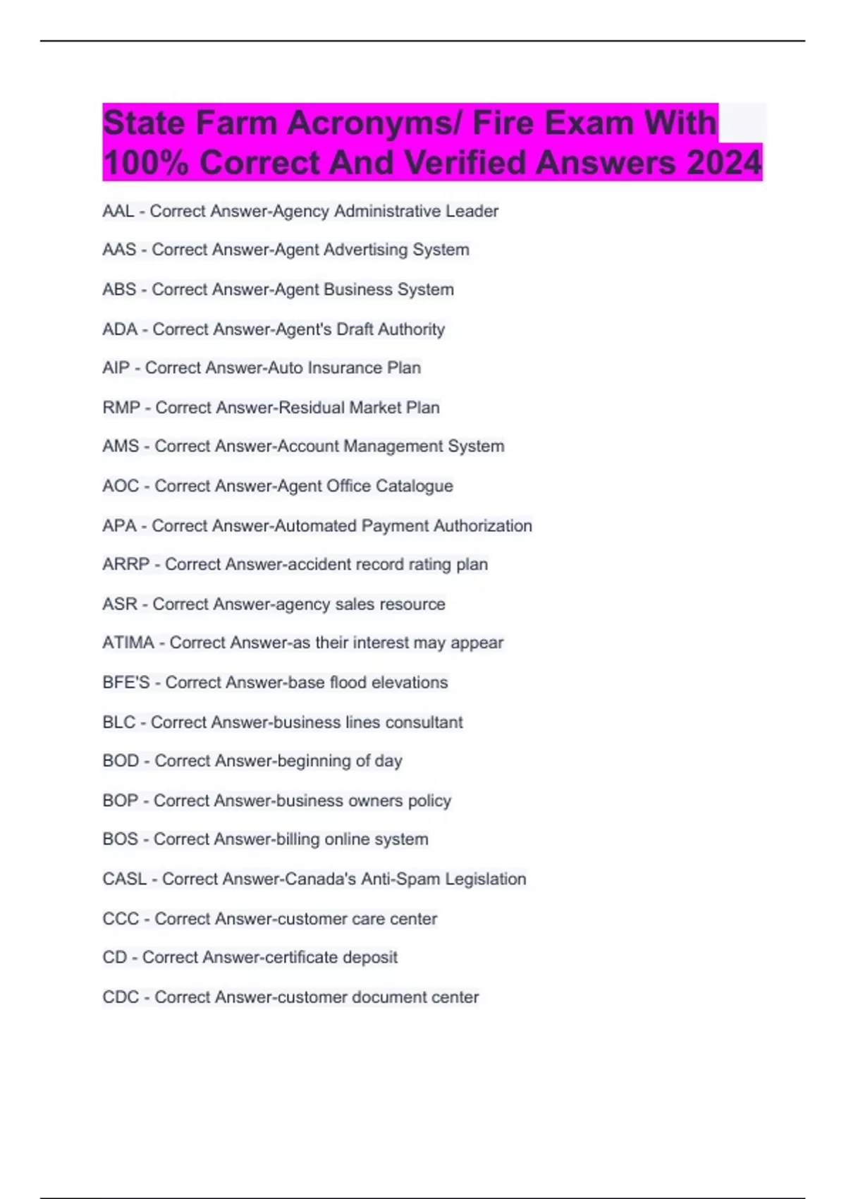 State Farm Acronyms/ Fire Exam With 100% Correct And Verified Answers ...