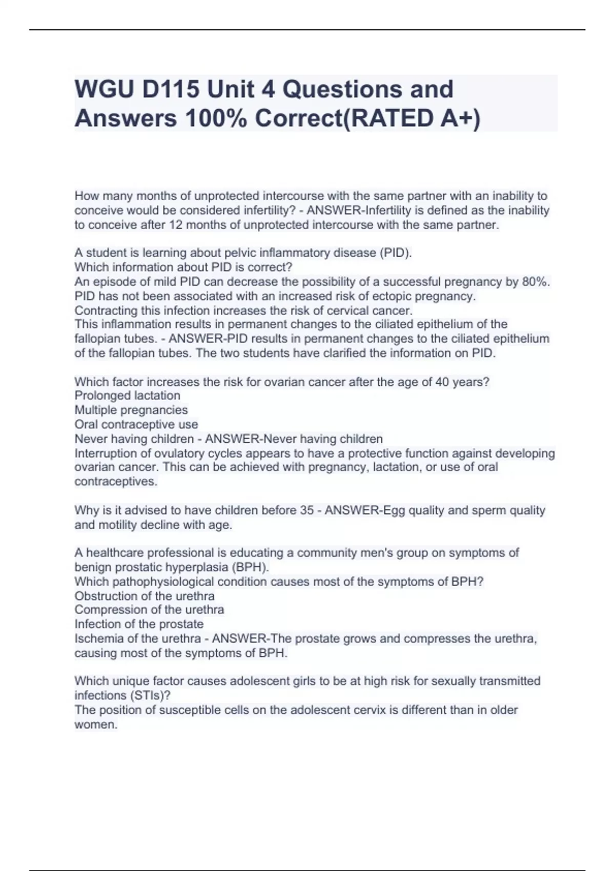 WGU D115 Unit 4 Questions and Answers 100% Correct(RATED A+) - WGU D115 - Stuvia US